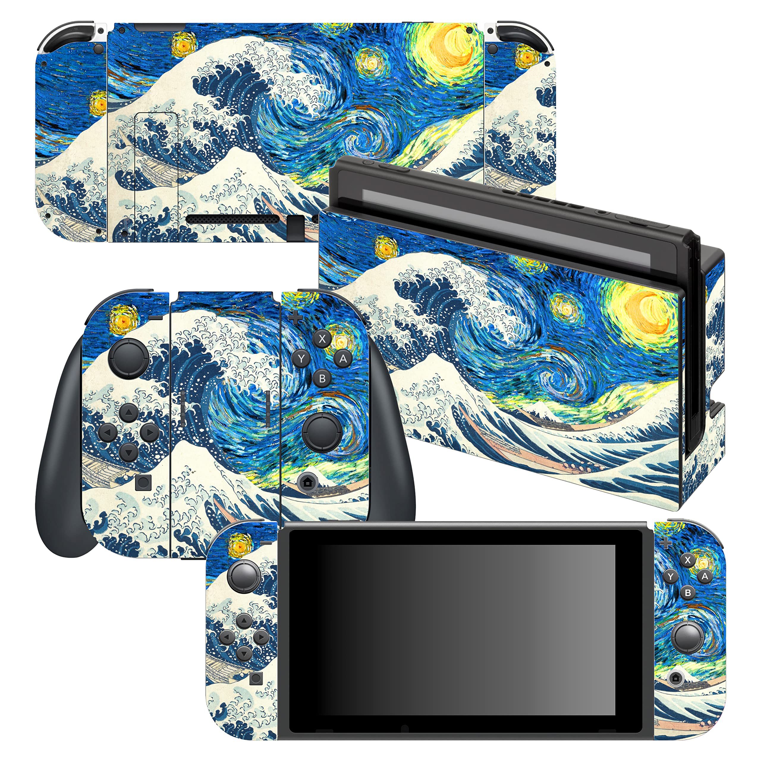 HK Studio Game Console Switch Skins - Japan Wave Game Console Switch Stickers with No Bubble, Waterproof - Game Console Switch Wrap Skin - Including Skin for Joy-Cons, Dock, Grip and Console