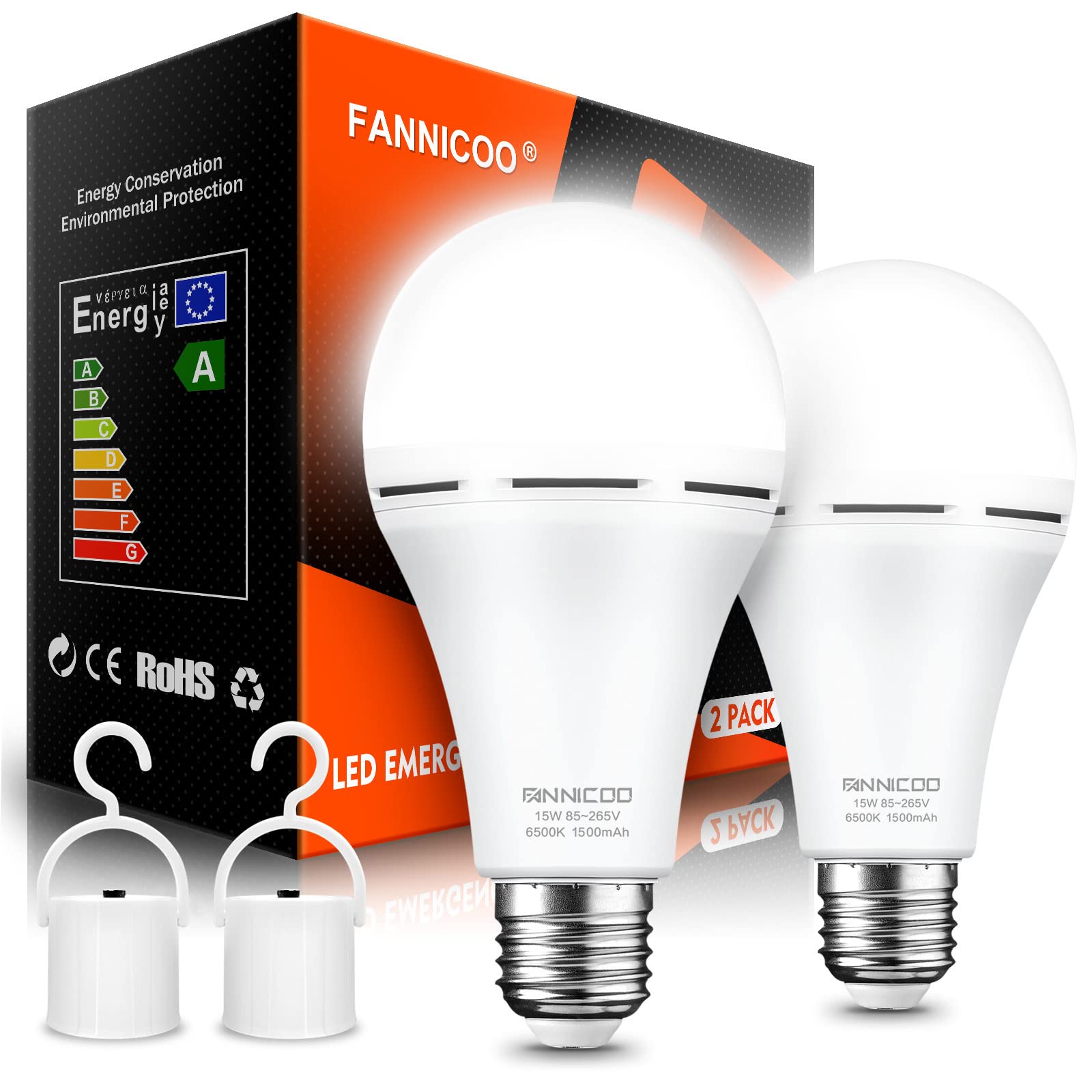 FanNicoo Rechargeable Emergency Light Bulb for Power Outage Battery Operated 3000K 1500mAh 15W 80W Equivalent LED Bulb with Hook for Home Power Failure, Camping, Hiking, Hurricane 2 Pack, Warm White