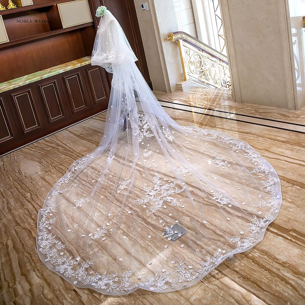 FEER Long Wedding Veils with Comb Two Layers Appliques Bride Veil Lace Edge Tulle Accessories (Color : White, Size : 4m)