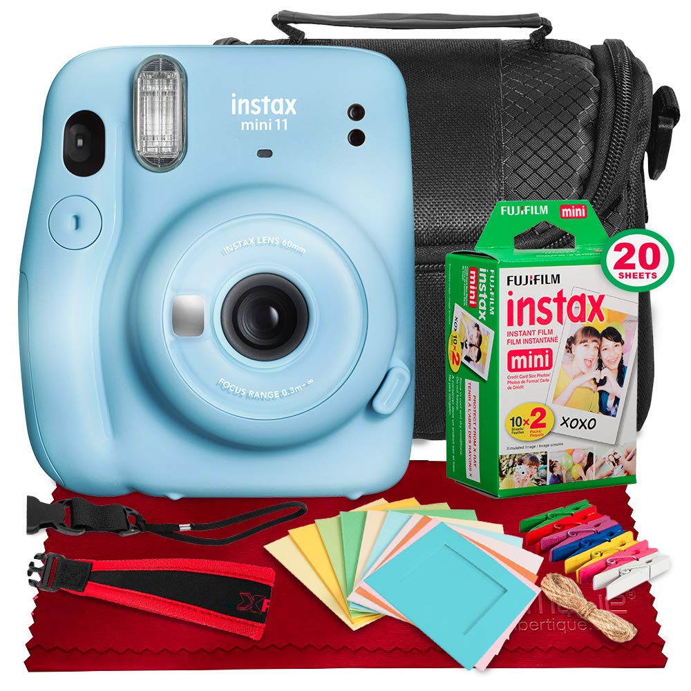 FUJIFILM INSTAX Mini 11 Instant Film Camera (Sky Blue) + Fujifilm Instax Mini Twin Film (20 Exposures), Camera Carrying Case, Xpix Camera Strap & Funky Film Frames