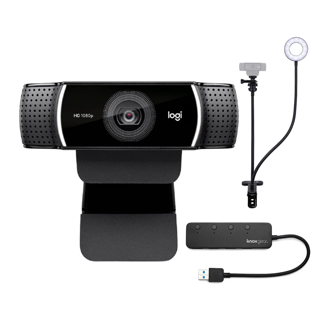 Logitech C922 Pro Stream 1080p Webcam Bundle with Webcam Stand with Selfie Ring Light and 4-Port USB 3.0 Hub (3 Items)