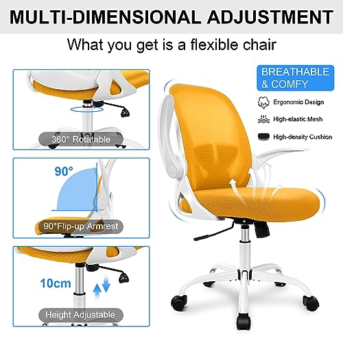 Primy Office Chair Ergonomic Desk Chair with Adjustable Lumbar Support and Height, Swivel Breathable Desk Mesh Computer Chair with Flip up Armrests for Conference Room(Yellow)