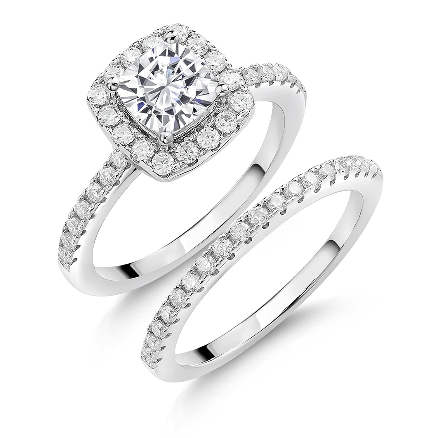 Gem Stone King 925 Sterling Silver Moissanite Women Wedding Engagement Ring Band Bridal Set (1.62 Cttw, Available in size 5, 6, 7, 8, 9)