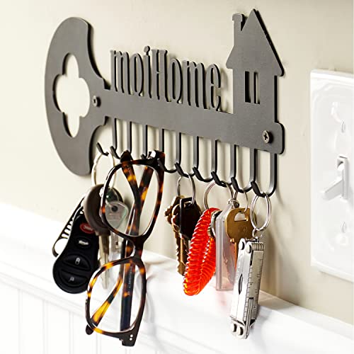 moiHome Key Organizer Wall Mount Rack - Decorative 10 Hook Iron Key Ring Holder for Wall - Ideal for Entryway, Front Door, Kitchen, Hallway - Includes Screws & Anchors – 5 x 14.75 Inches, Black