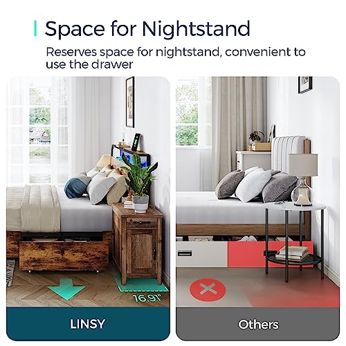 LINSY Full Size Bed Frame with 4 Drawers & Headboard, Bed Frame with RGB Lights & Fast Charger, Fast Assembly Bed Frame Full with Storage, No Box Spring Needed, Rustic Brown