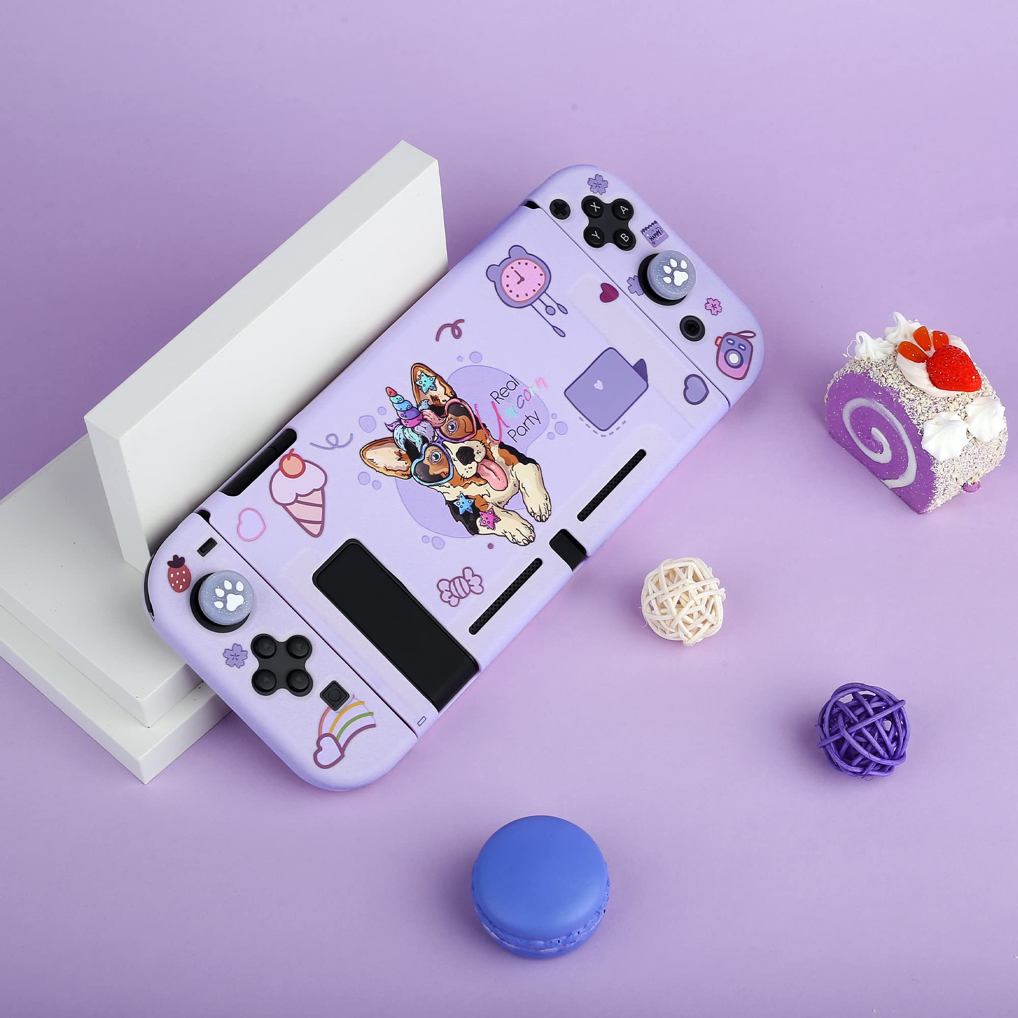 FANPL Cute Protective Case for Nintendo Switch, Hard PC Case Cover Compatible with Switch Console and Joy Con, 2 Purple Glitter Paw Thumb Caps - Purple Corgi Dog Pattern