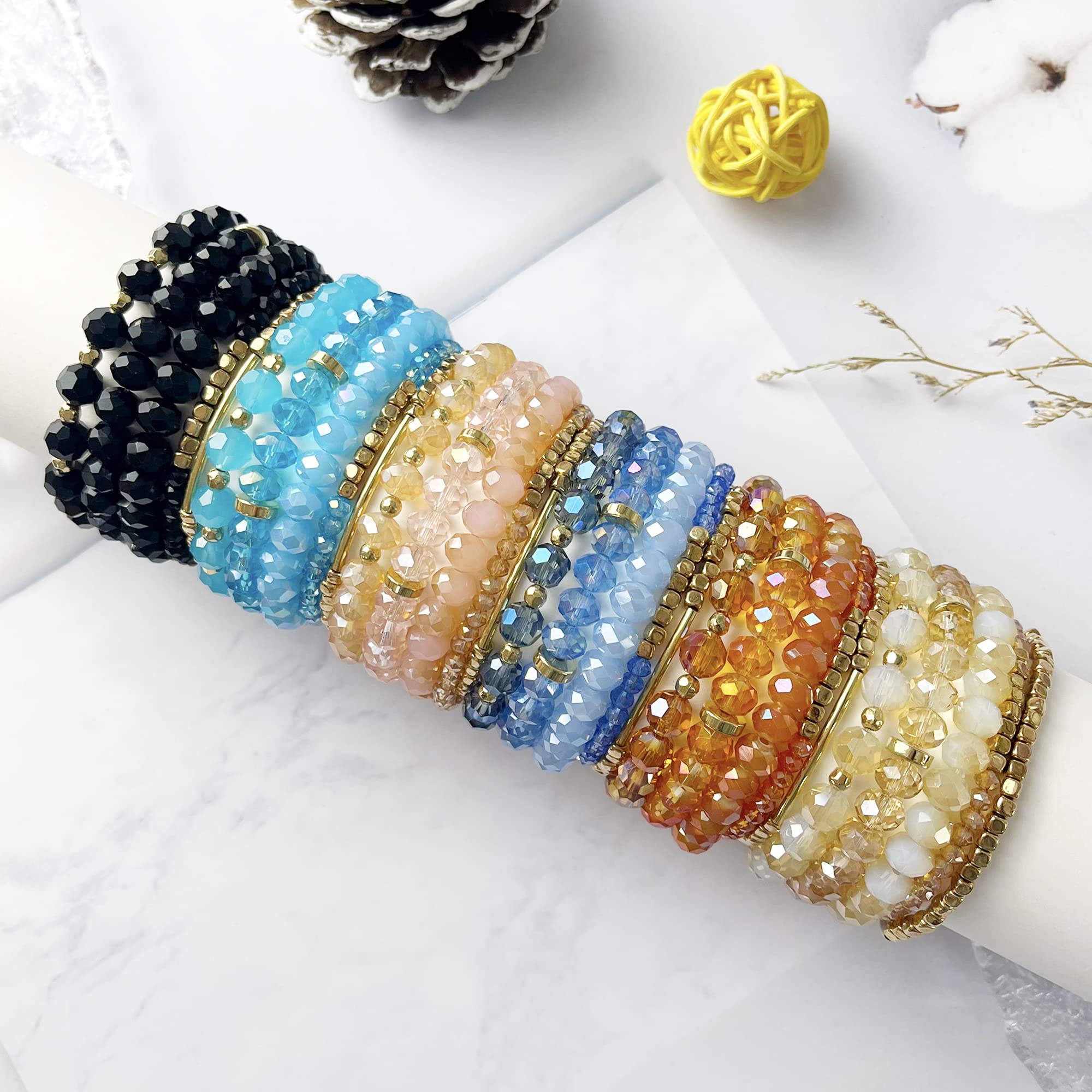 JEWPARK 6 Pack Stackable Crystal Bohemian Beaded Bracelets for women Multi-layer Stacking Versatile Strand Stretch Sparkly Crystal Beads Bracelets Set