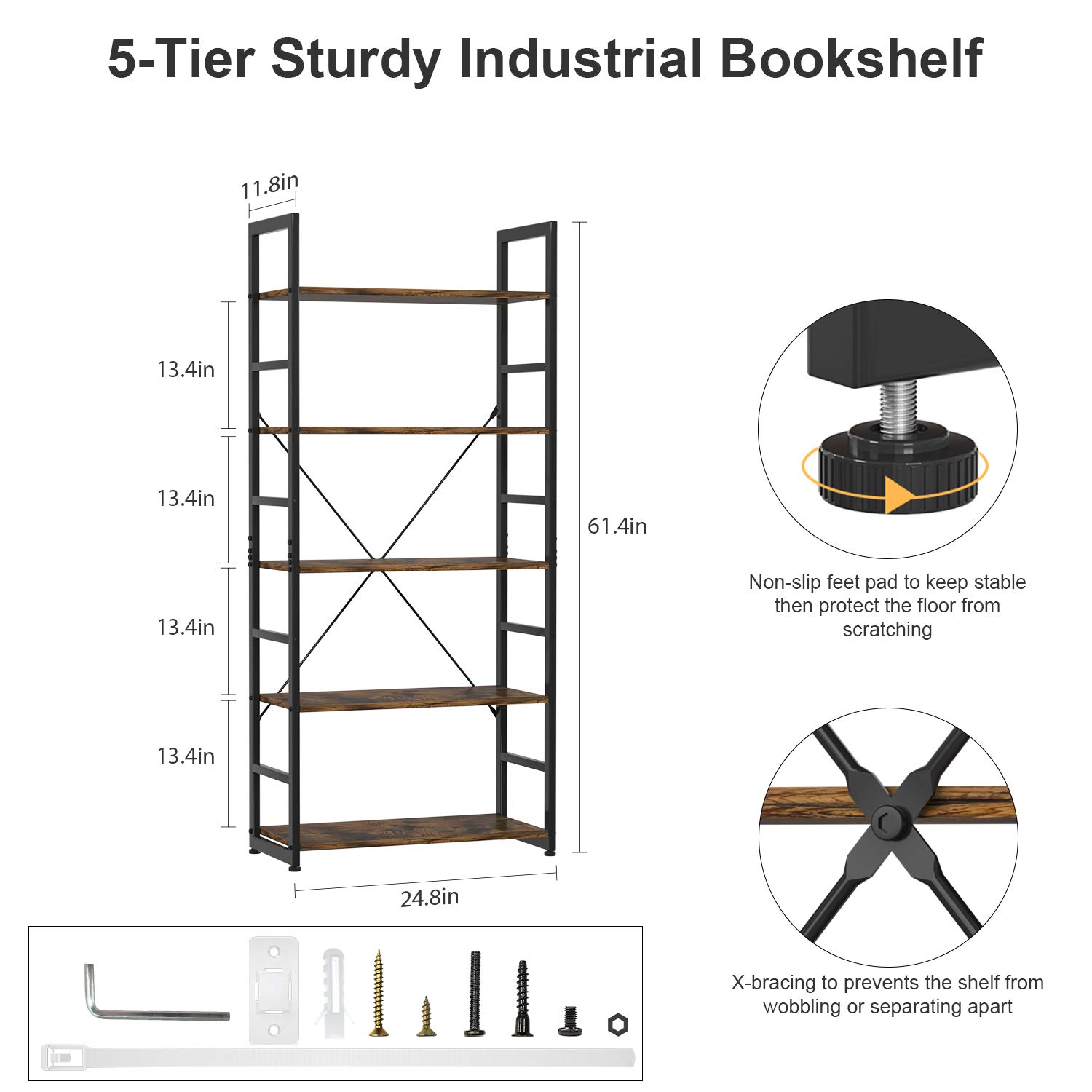 Foxemart Bookshelf, 5 Tier Shelf Bookcase Modern Standing Rack, Wooden and Metal Open Shelves Organizer for Home Office Living Room, Rustic Brown, Large
