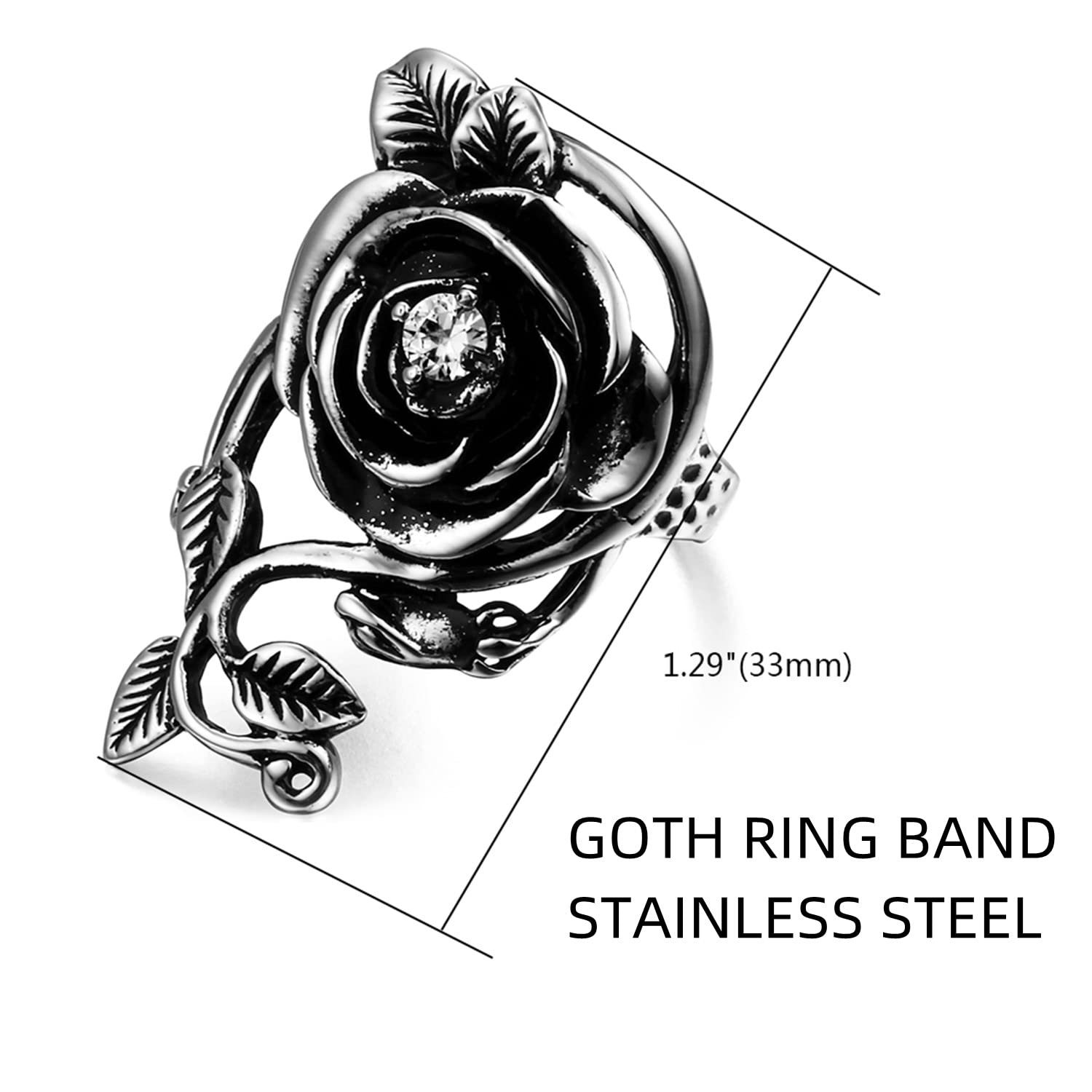 Flongo Womens Ladies Gothic Stainless Steel Rose Flower Vine Band Ring, Size 8