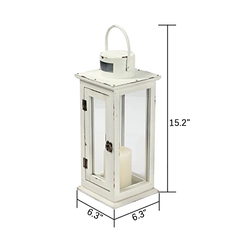 Rustic White Lantern Candle Holder 15In Tall, Hanging Farmhouse Wood Decorative Outdoor Lanterns for Wedding Decor, Hurricane Glass LED Fireplace Table Centerpiece Christmas, Style 1,