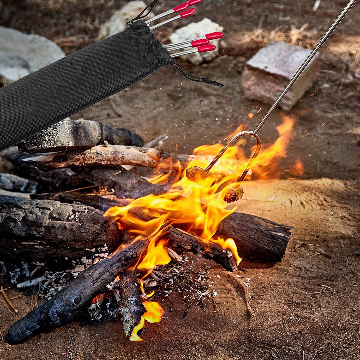 EX ELECTRONIX EXPRESS 8 Pack Extra Long Telescoping Marshmallow Roasting Sticks with Storage Bag - Extends to 33 Inches, Shrinks to Less Than 10 Inches for Travel - Perfect for Camping