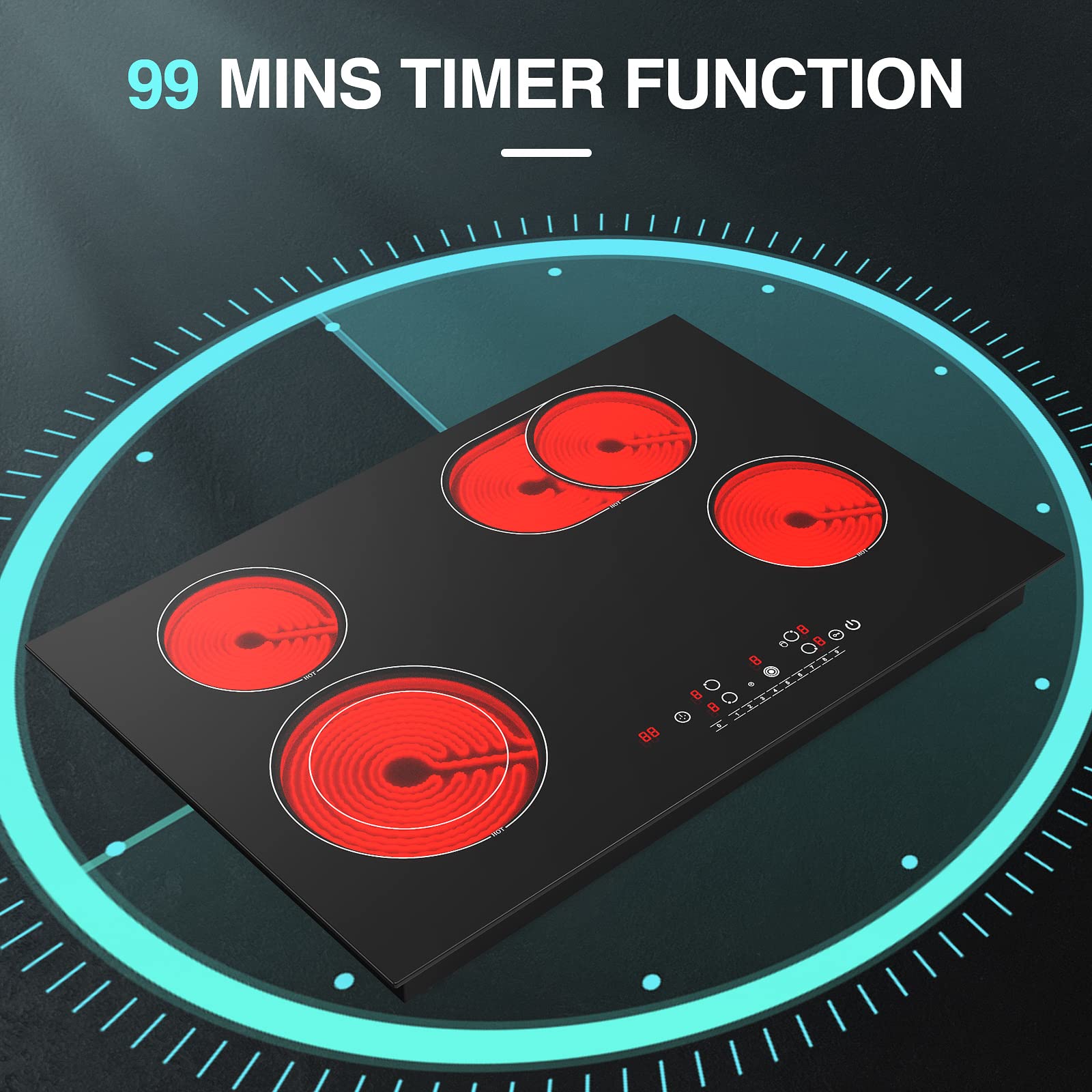 Electric Cooktop 30 Inch, Built-in Radiant Electric Stove 4 Burners, 6800W Ceramic Cooktop, 9 Heating Level Overheat Protection with Touch Screen, Timer & Safety Lock