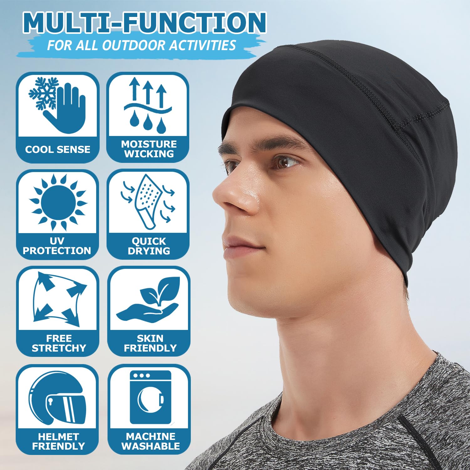 Headshion Cooling Skull Caps for Men Women,2-Pack Lightweight Beanie Helmet Liner (Large,Black)