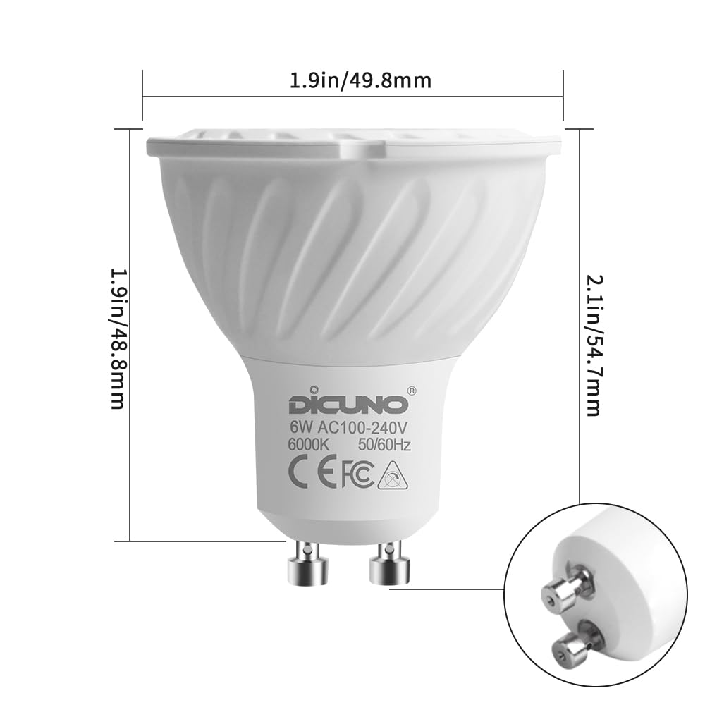 DiCUNO GU10 LED Light Bulb, 60W Halogen Bulbs Equivalent, 6W 600LM, 6000K Daylight White,100V-240V Non-dimmable GU10 Mr16 LED Bulbs, 10-Pack.