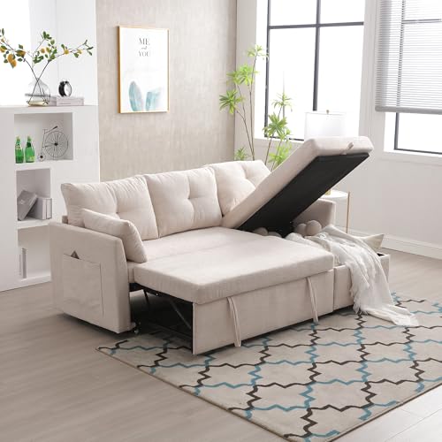 KYLE & KAY Convertible Sleeper Sofa Bed, L-Shaped Sectional Couch with Storage Chaise, Pull-Out Modular Chenille Sofa Bed for Small Apartments,Living Room and Office, Beige