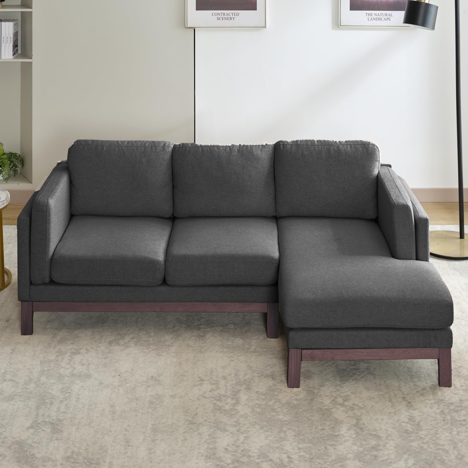 PUREMIND 84 Inches L Shaped Sectional Sofa, Convertible Sectional Couch with Reversible Chaise, Linen 3-Seat Couches with Thick Cushion for Living Room Dark Grey