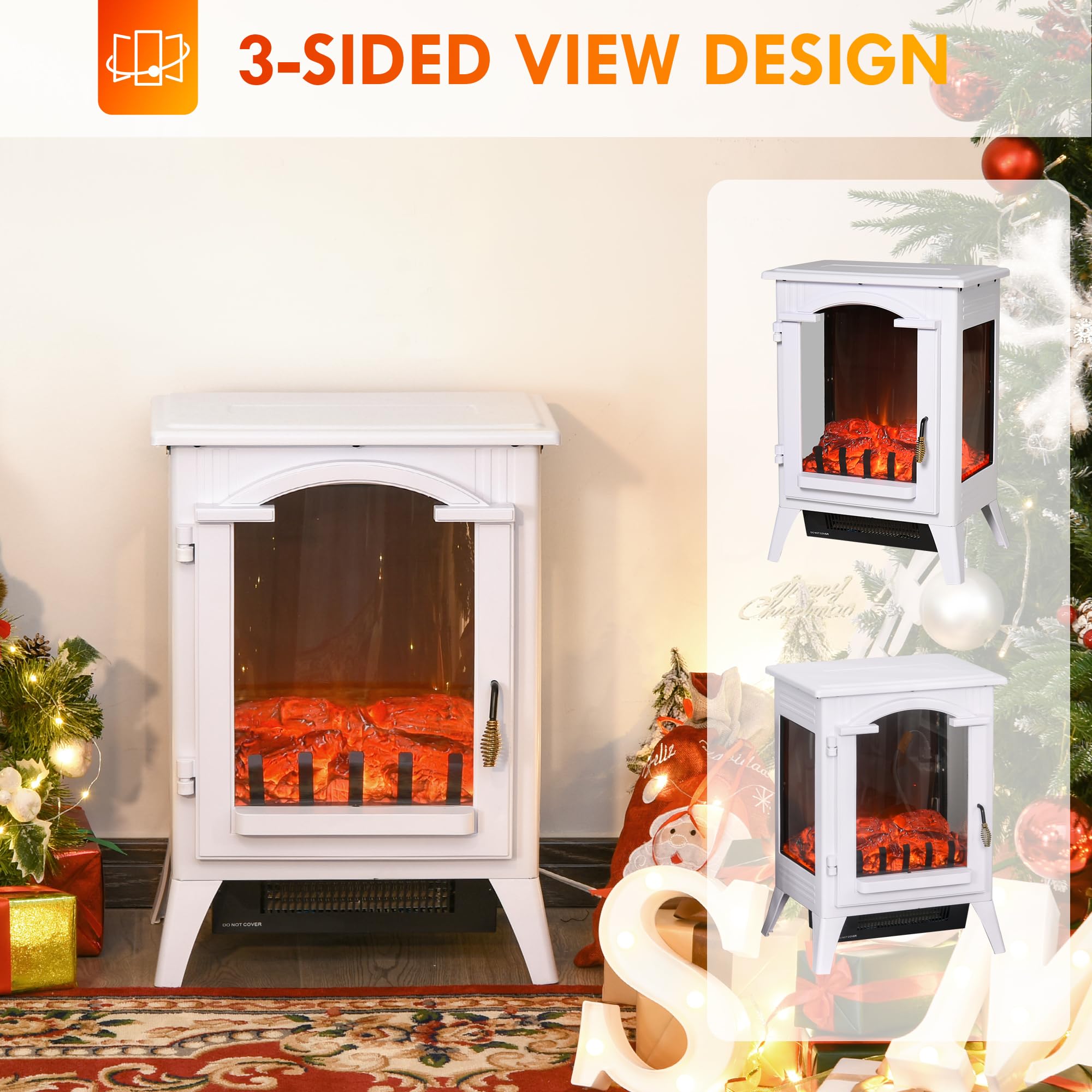 HOMCOM 23" Electric Fireplace Heater, Fire Place Stove with Realistic LED Flames and Logs and Overheating Protection, 750W/1500W, White