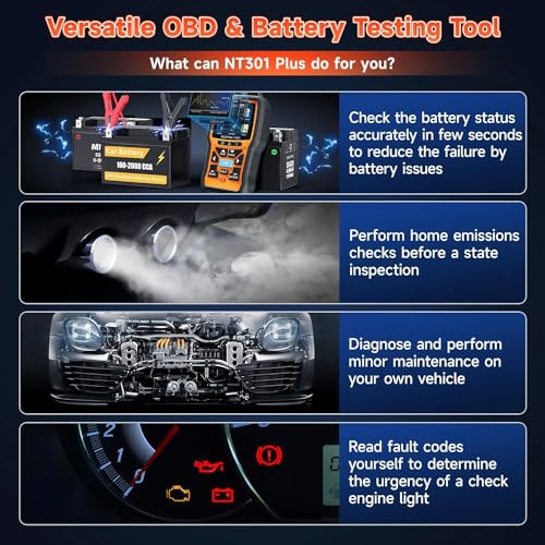 FOXWELL NT301 Plus 2 IN1 OBD2 Scanner Battery Tester, OBD2 Scanner Diagnostic Tool Check Engine Car Code Reader, 12V 100-2000 CCA Battery/Charging/Cranking Test, EVAP Live Data, Full OBDII Diagnosis