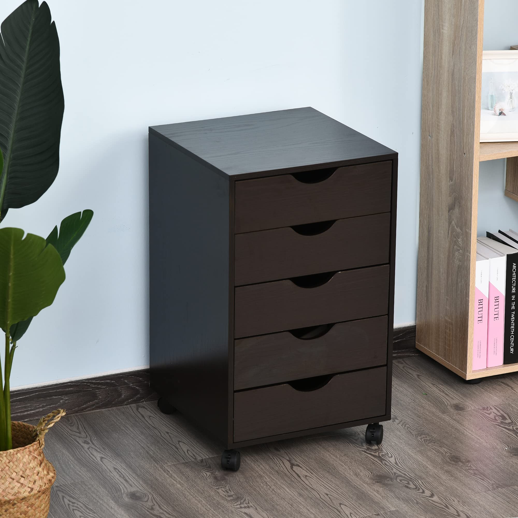 HOMCOM 5 Drawer Storage Organizer Office Cabinet with Nordic Minimalist Modern Style & Wheels, Brown