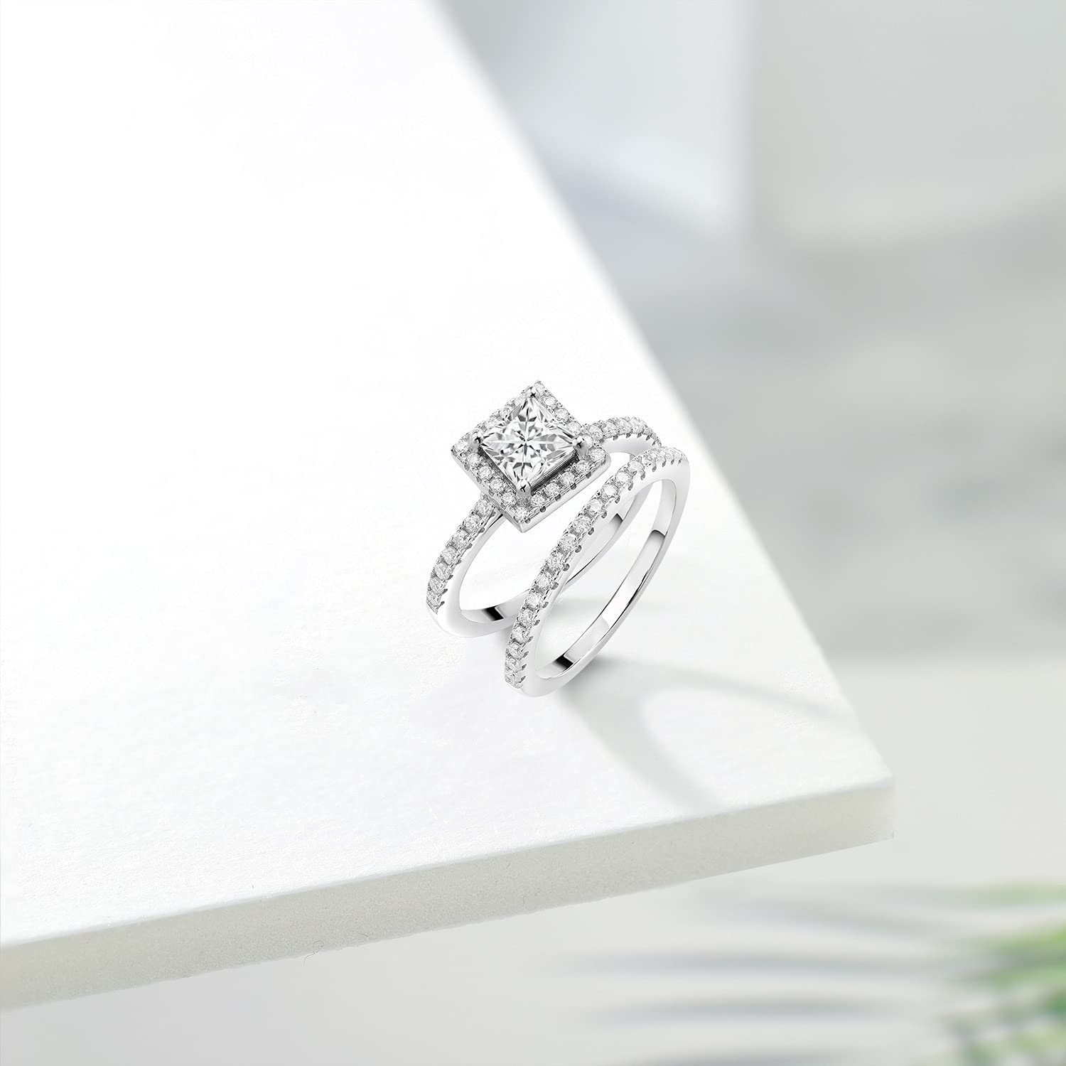 Gem Stone King 925 Sterling Silver White Moissanite Engagement Wedding Engagement Ring Band Bridal Set For Women (1.36 Cttw, Gemstone, Princess 5MM, Size 7)