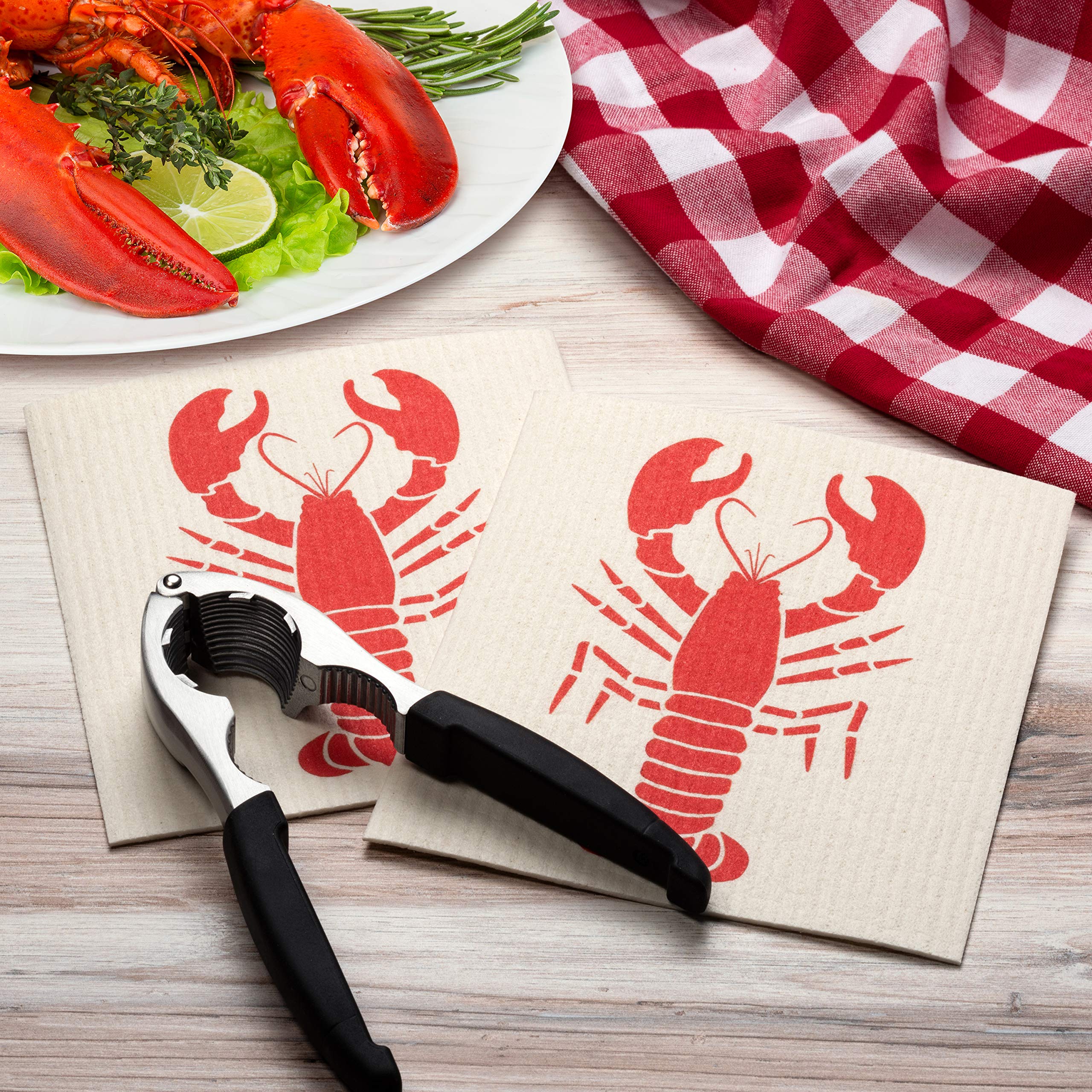 GMIcréatifs Swedish Dishcloths 2 Pack Red Lobster Print Reusable Sponges Kitchen Cleaning Cloth Dish Scrubber, Machine Washable, Each Cloth Measures 7.87”x6.88 inches.