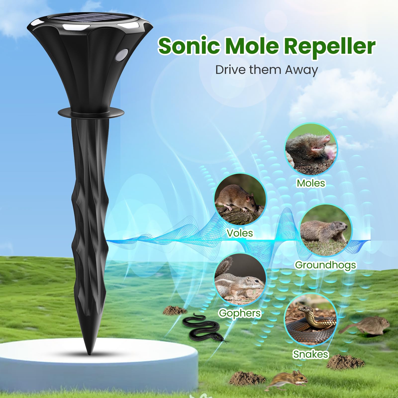 Lookatool Solar Mole Repellent Ultrasonic, Gopher Repeller with LED Night Light, Vole Deterrent Outdoor Waterproof, Snake Chipmunk Sonic Spike Stakes in Yard, Lawn, Garden, 4 Pack, Black