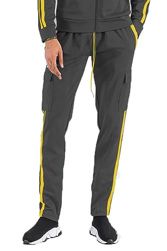 Weiv Gear Men’s Track Pants – Casual Two Stripe Cargo Pocket Ankle Zipper Sweatpants Joggers Active Athletic Workout TP500 BLKYEL M Black/Yellow