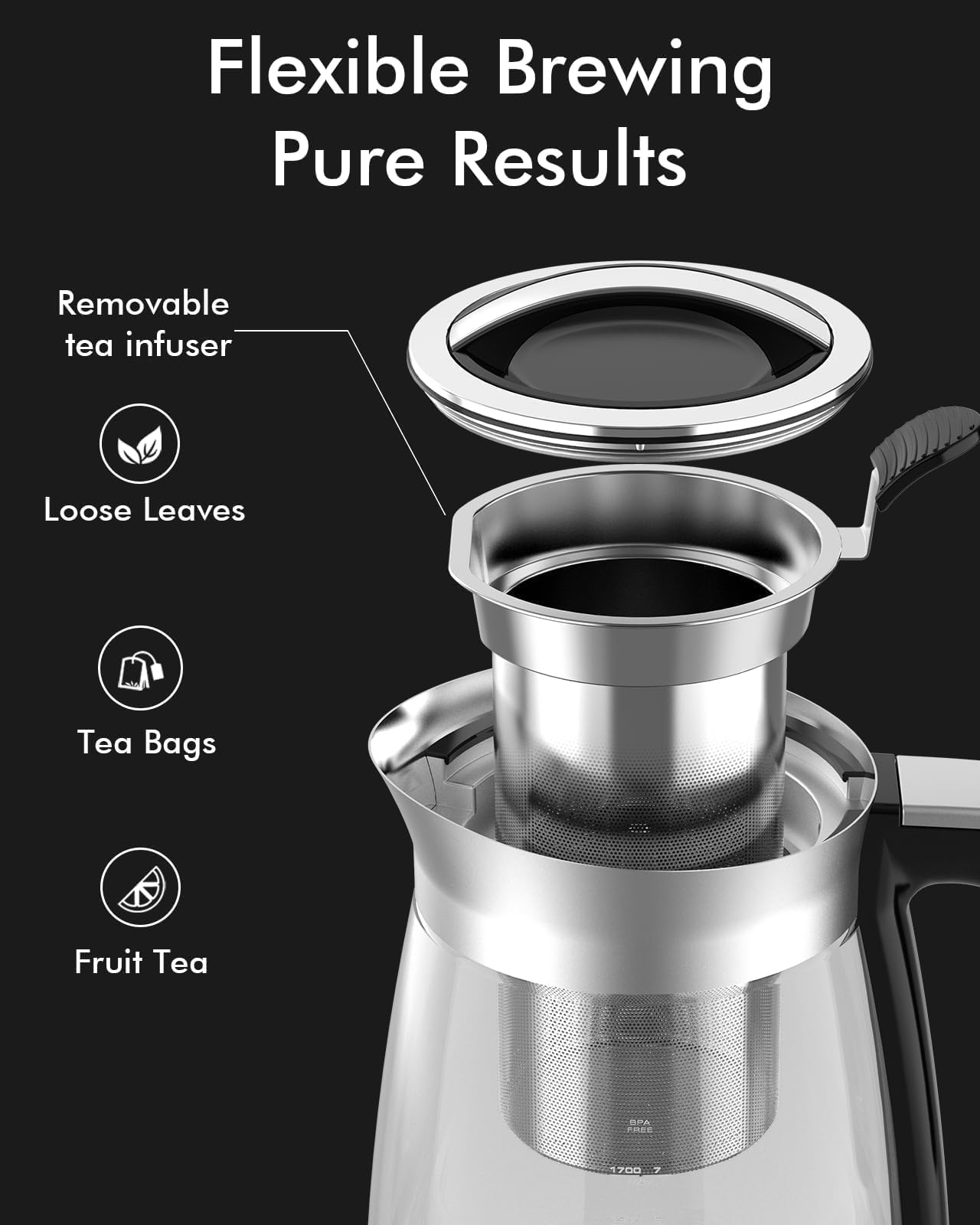 Electric Glass Tea Kettle with Infuser, 1.7L/1500W Fast Boiling, Stainless Steel, Temperature Control Tea Maker, BPA Free - Easy Lid Removal & Keep Warm Feature, Silver