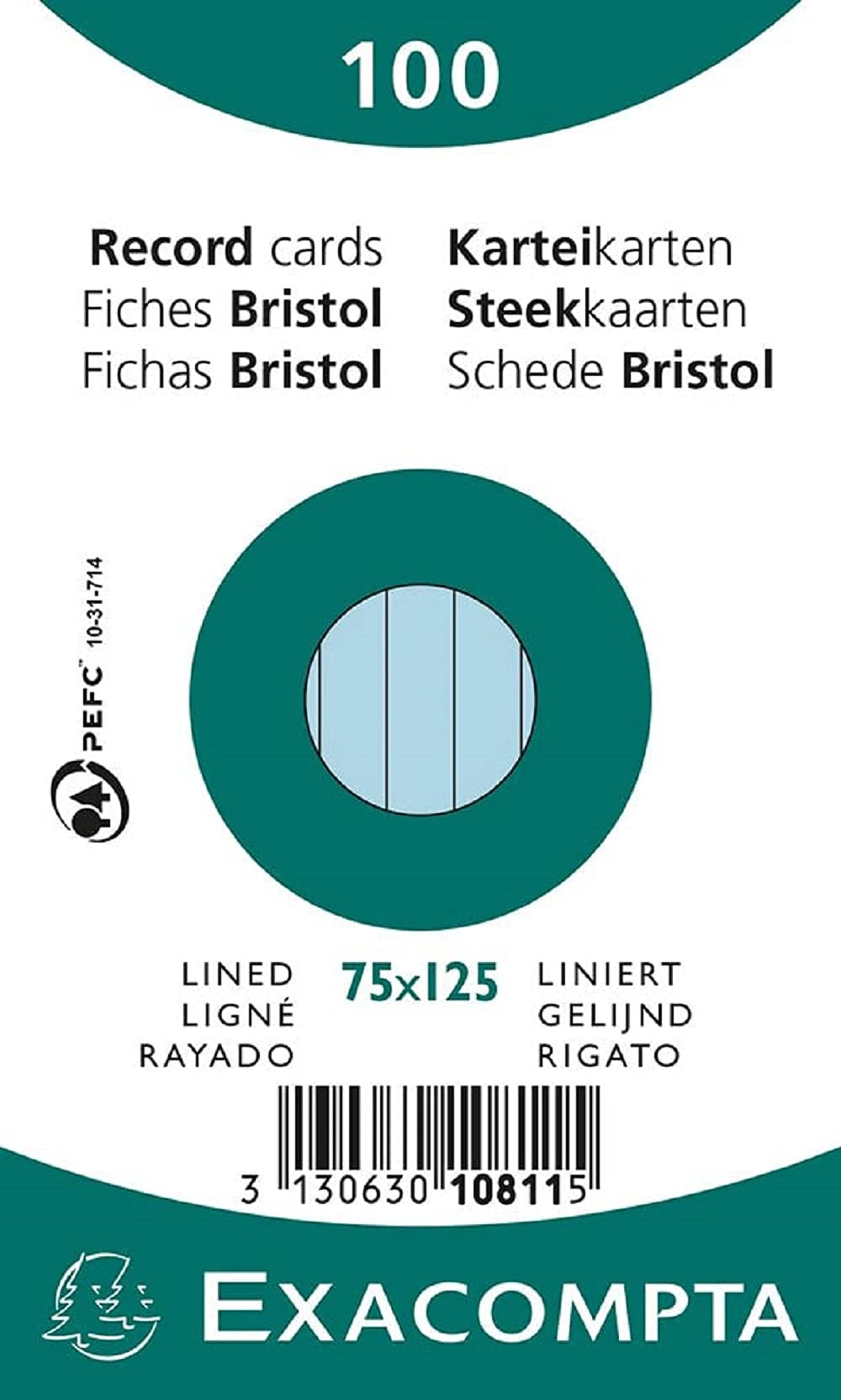 Exacompta - Ref 10811X - Bristol Lined Record Cards (Pack of 100) - 75 x 125mm in Size, 205gsm Card, Compatible with Printers - Suitable for Exam Revision & Notes - Blue