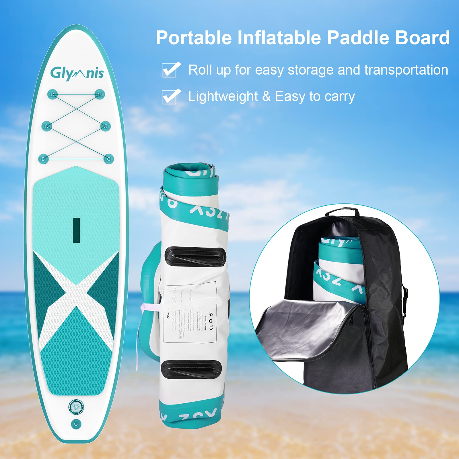 Glymnis Inflatable Stand Up Paddle Board 320x80x15cm SUP Board with Adjustable Paddle Air Pump Carry Backpack Leash & Repair Kit for Beginners Adults Kids Mint Green