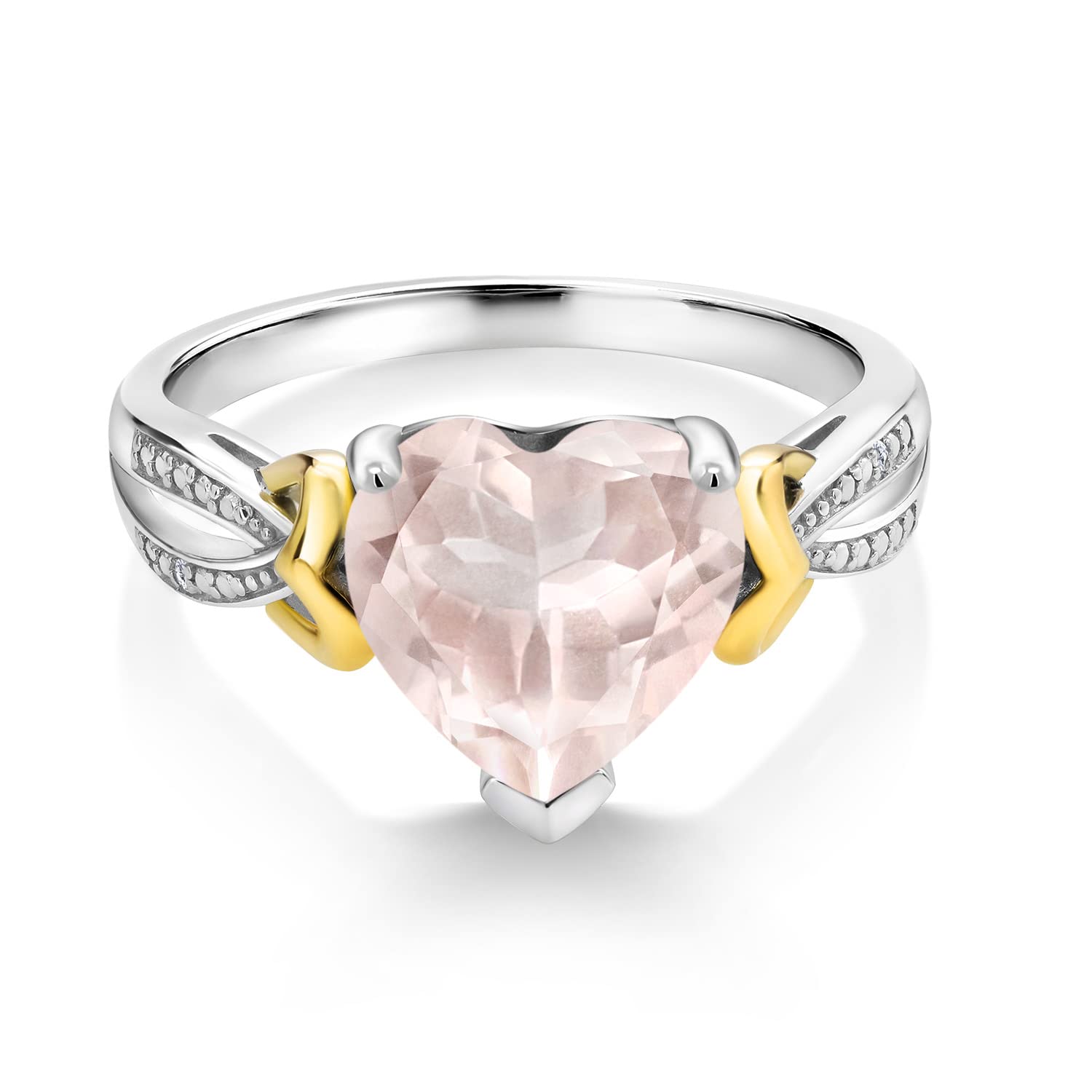 Gem Stone King 925 Sterling Silver and 10K Yellow Gold 10MM Heart Shape Rose Quartz Ring For Women (3.22 Cttw, Available In Size 5, 6, 7, 8, 9)