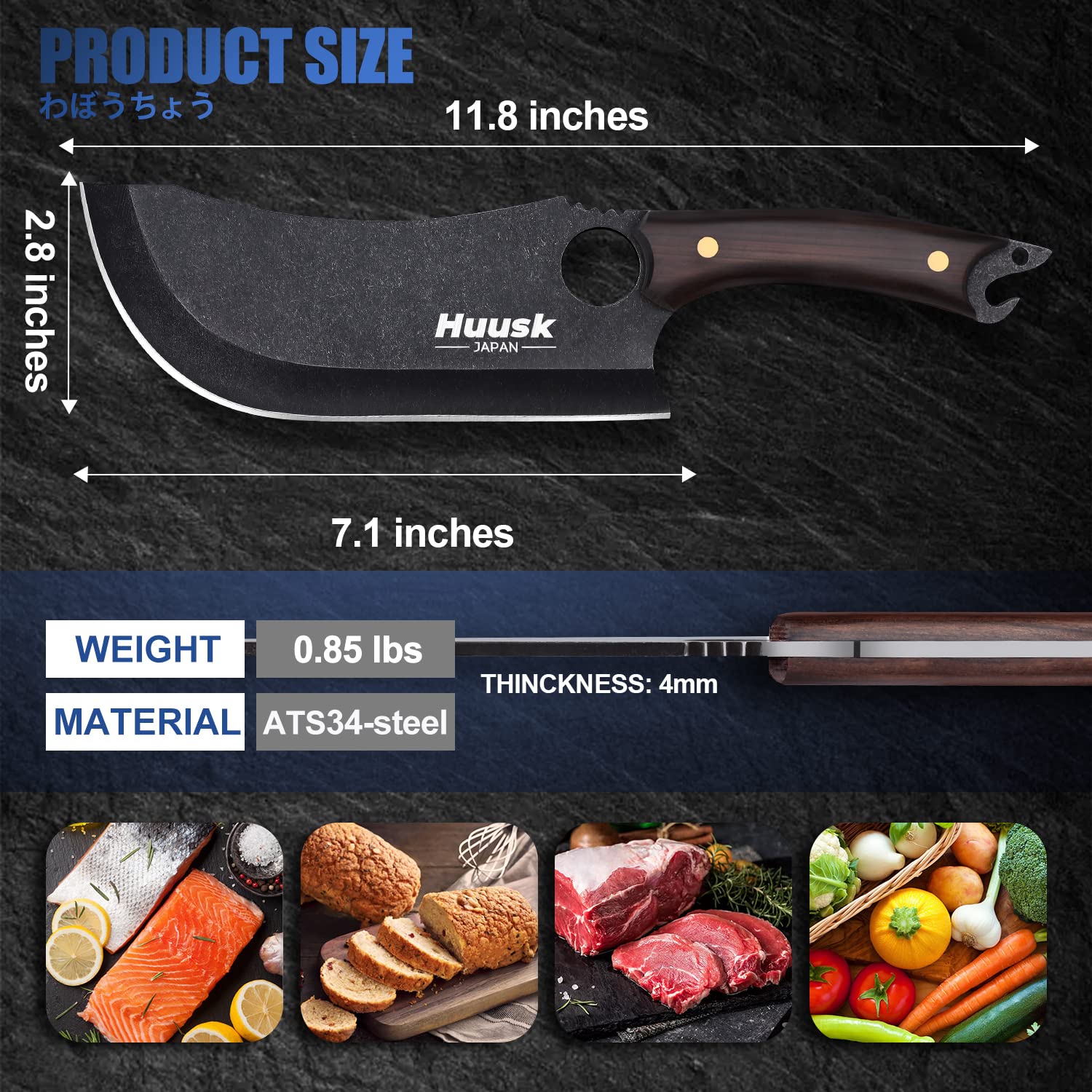 Huusk Upgraded Chef Knife Bundle with Black Meat Cleaver Viking Gift Men Cooking BBQ Camping Knives with sheath