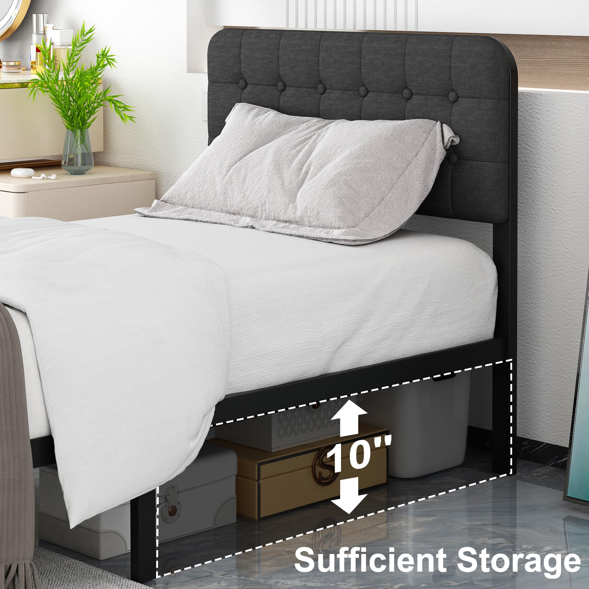 Likelalaso Twin Bed Frame with Upholstered Headboard, 12 inch Twin Metal Platform Bed Frame, Steel Slat Support, Noise Free, No Box Spring Needed, Easy Assembly, Black