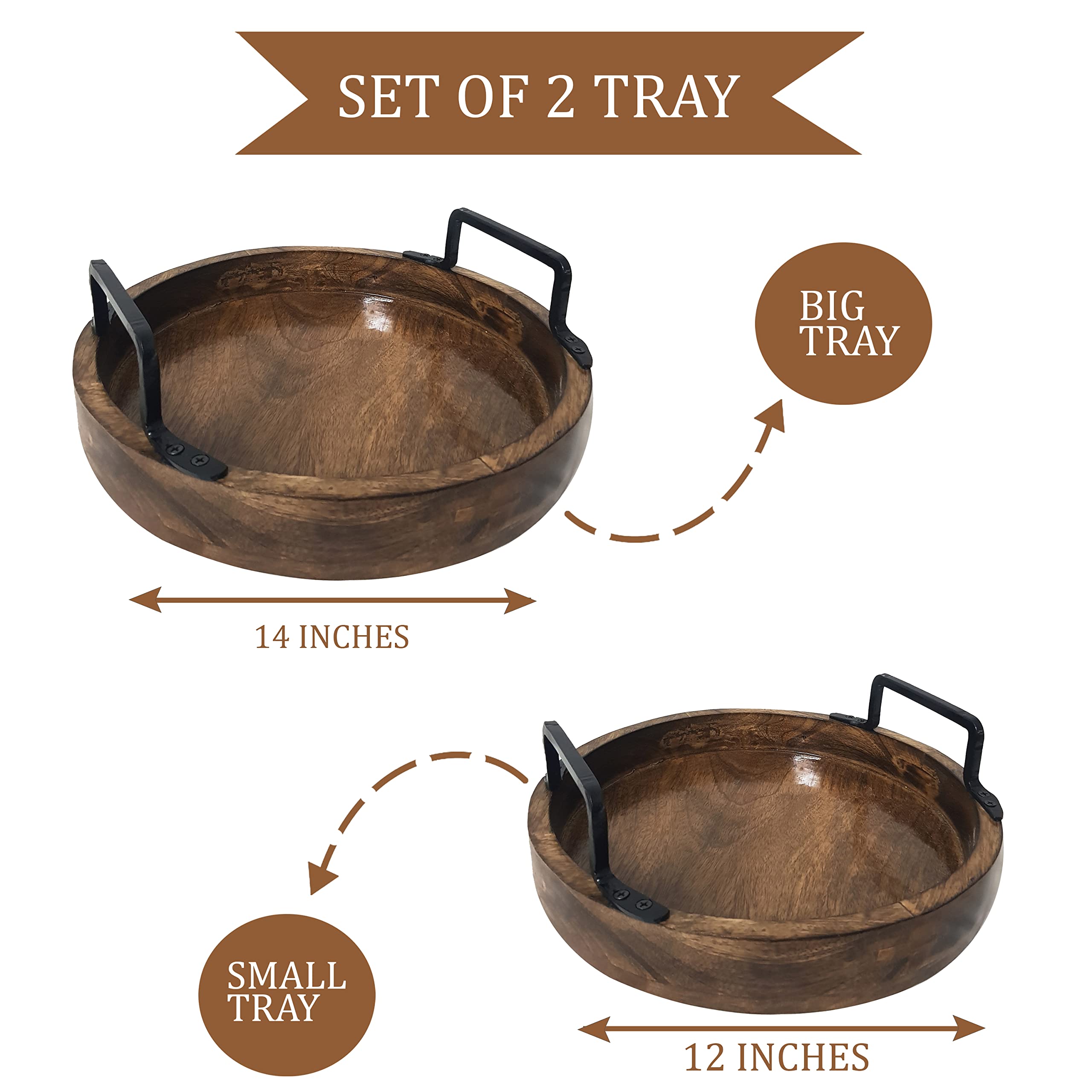Handcrafted Antique Rustic Wooden Round Serving Trays Round with Handles Brown Kitchen Accessories Set of 2
