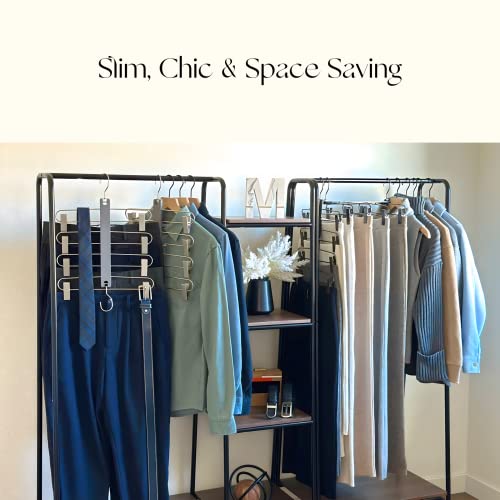 May Finery Pants Hangers Space Saving 2 Pack- Metal Skirt & Pant Hangers with Clips - Jean Hangers for Closet Clothes Hanger Organizer, Multi Slack Trouser Pants Rack Closet Hangers Space Saver, Black