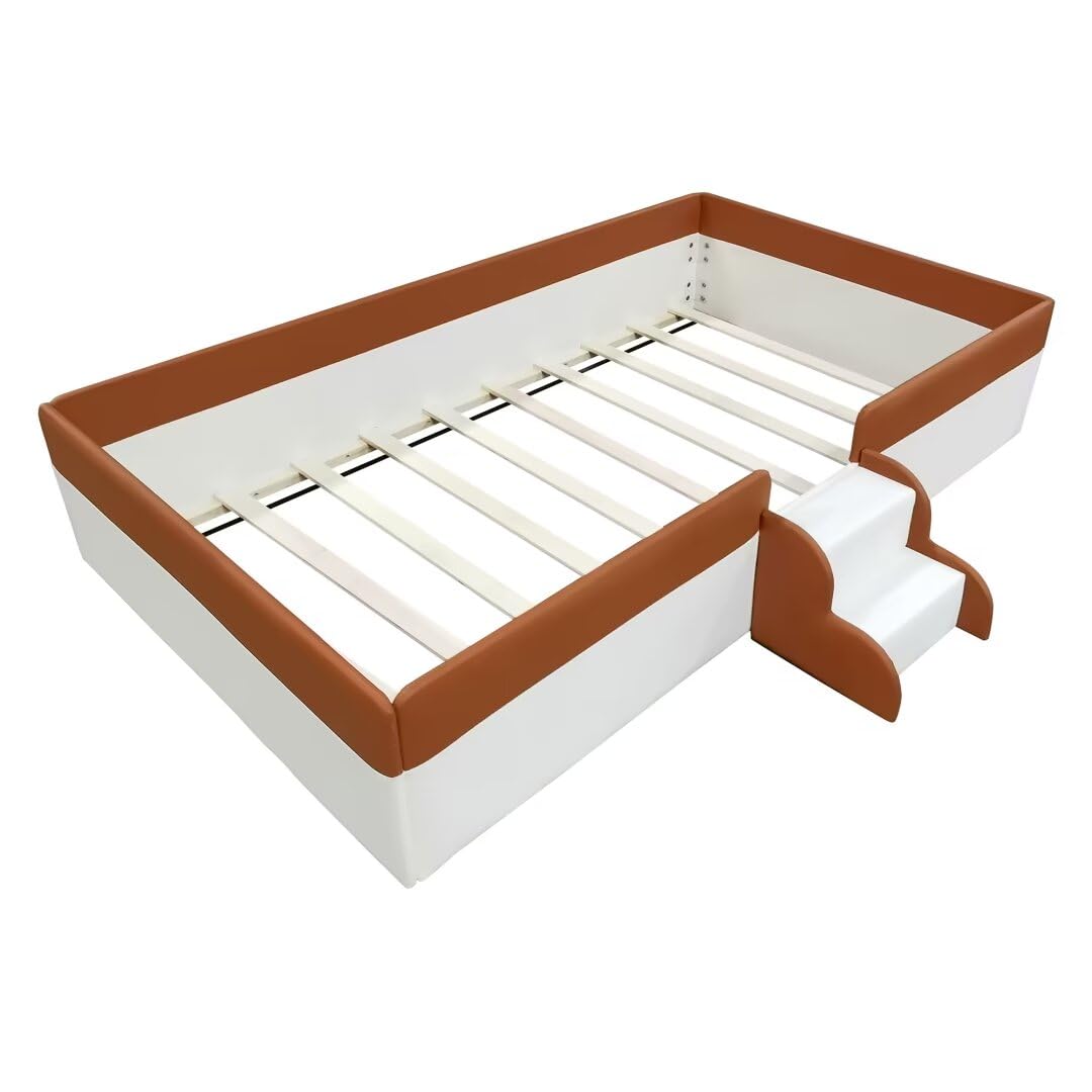 JIJIWANG Twin Size Soft Floor Bed with Stairs, PU Leather Upholstered Grounded Daybed, Low Profile Bed with Slat Support for Kids Boys Girls Teens Adults,(Brown+White)