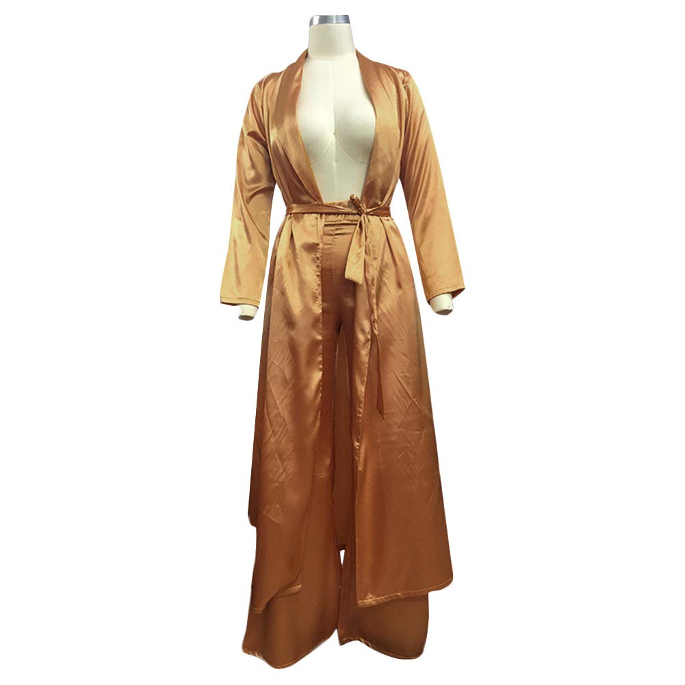 ECHOINE Womens 2 Piece Outfits Satin Silk Open Front Cardigan kimono Cover-Up with Wide Leg Long Pants Set GOLD XXL