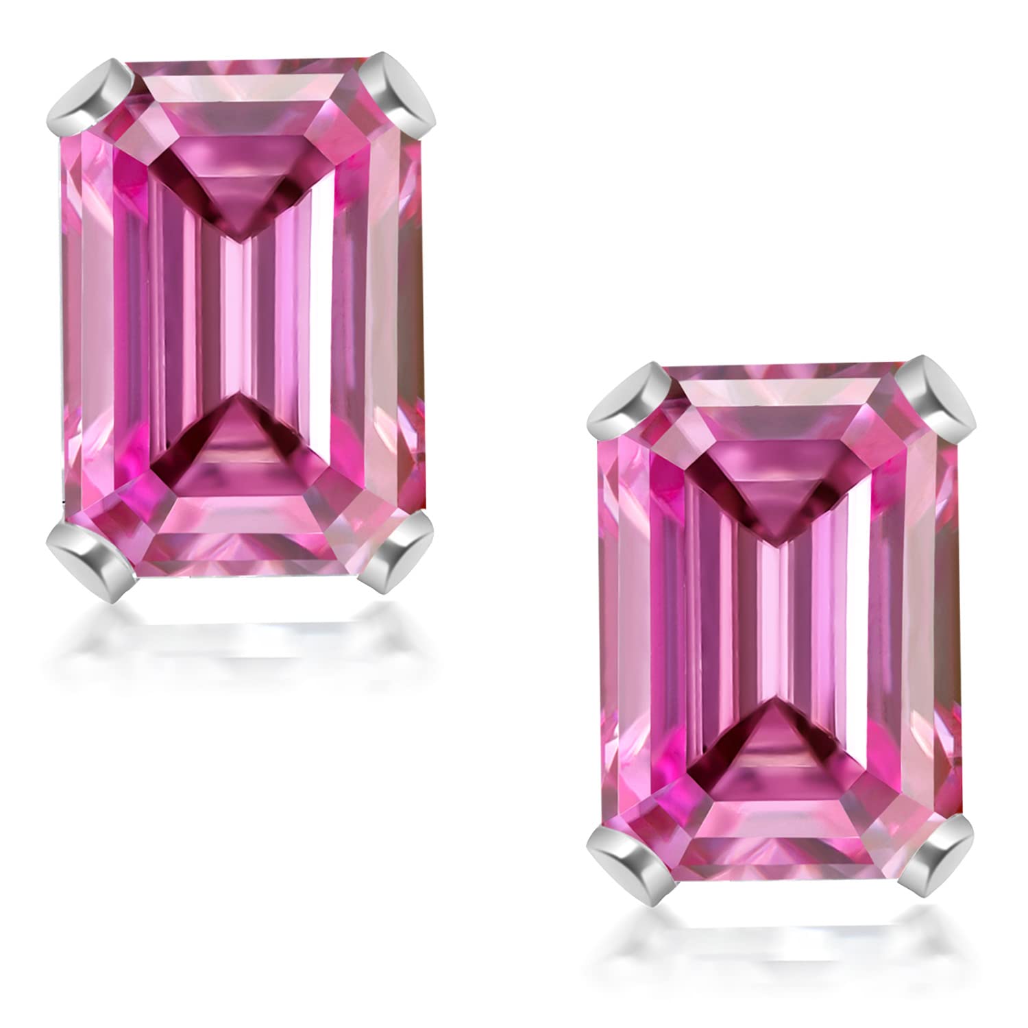 Gem Stone King 925 Sterling Silver Pink Moissanite Stud Earrings For Women (1.14 Cttw, Emerald Cut 6X4MM)