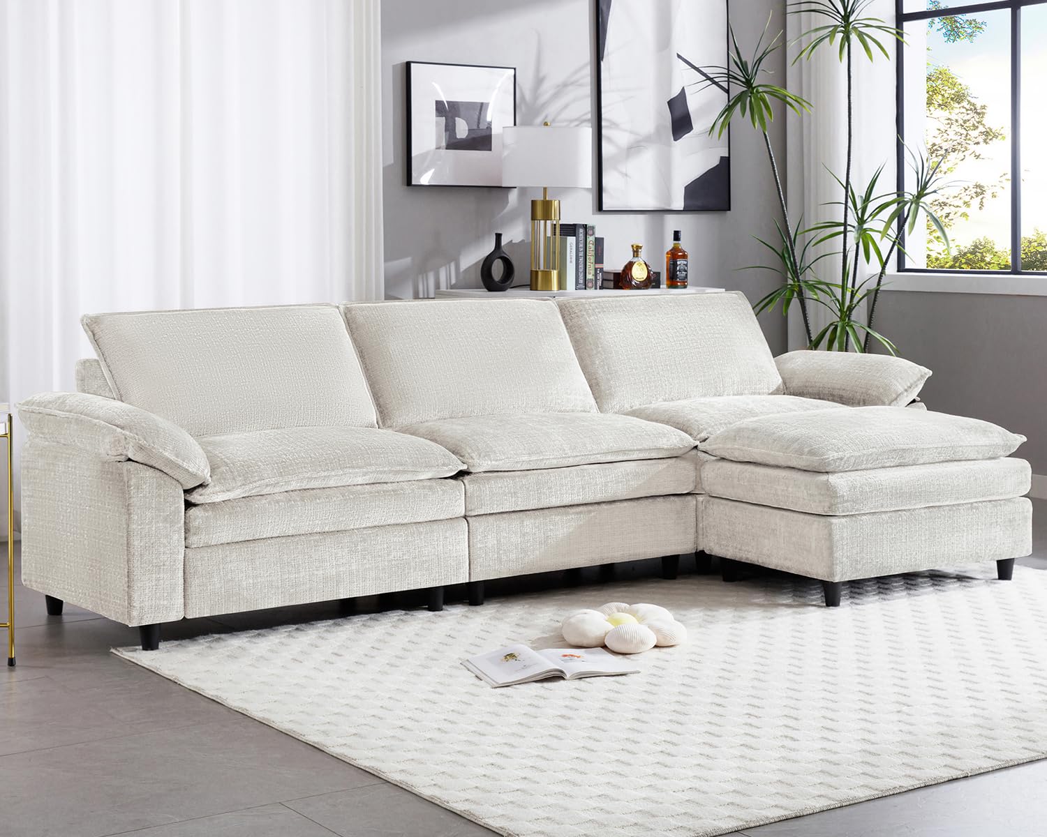 L Shaped Sofa Cloud Couch with Ottoman, 96" Modular Sectional Sofa for Living Room, 4 Seater Green Velvet Sofa Small Sectional Couch for Small Space Apartment Office