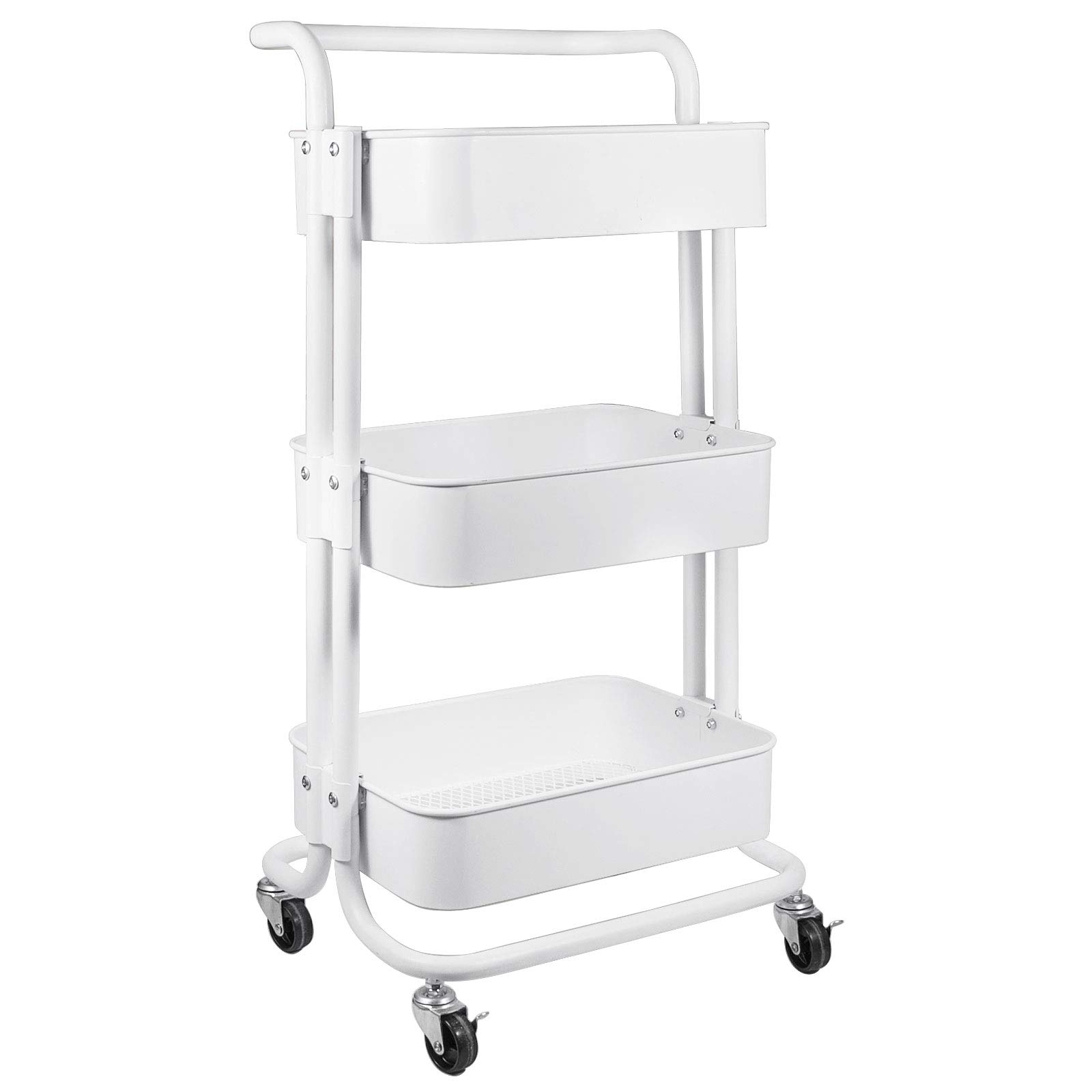 elabo 4-Tier Metal Mesh Utility Rolling Cart, Storage Organizer Trolley Services Cart with Lockable Wheels for Kitchen, Bathroom, Living Room (White)