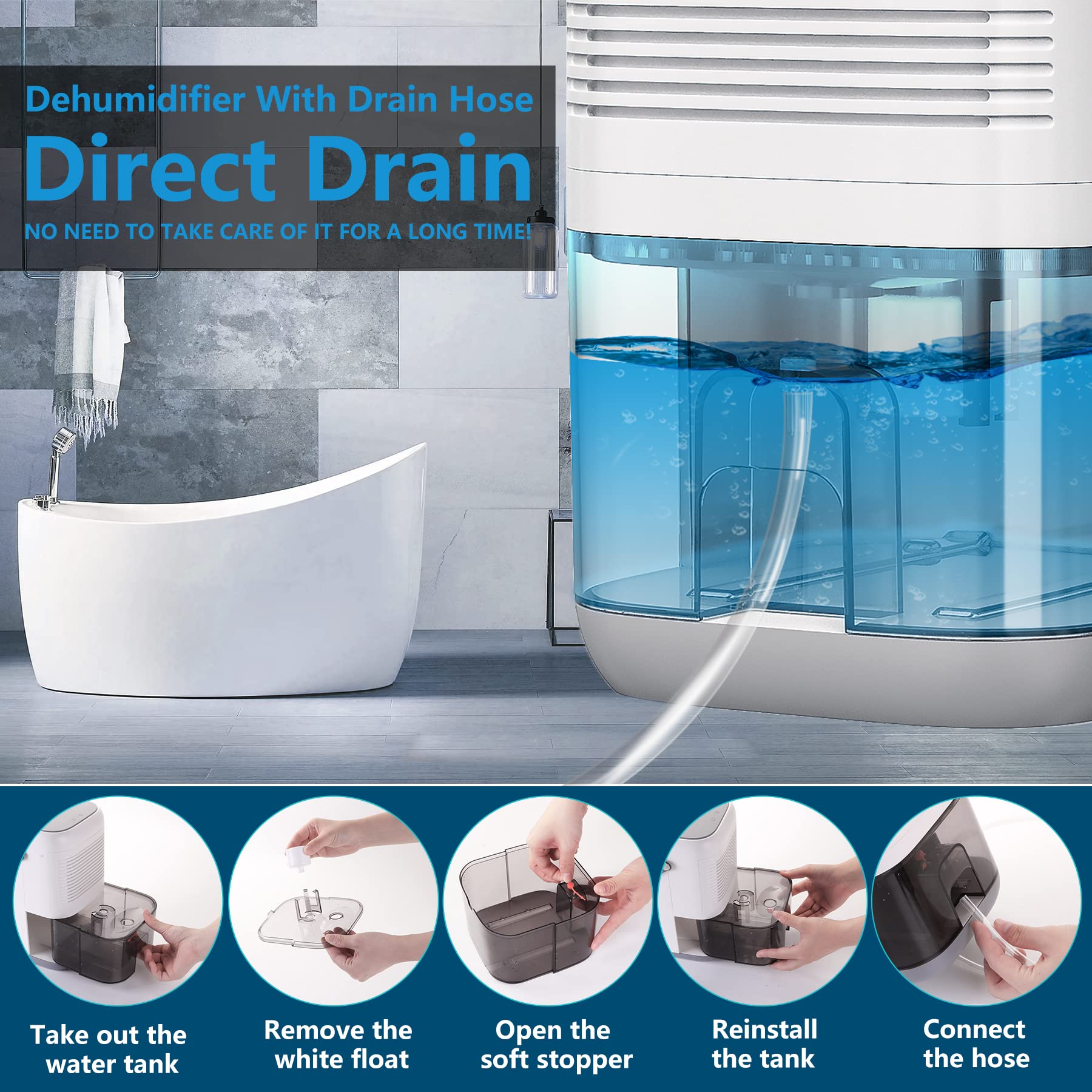 Hoomace Dehumidifier For home 49oz(1450ML), Small Dehumidifier with Drain Hose 350 sq.ft with 7 Colors LED Light, Auto Shut-Off, Two modes, Ultra Quiet Below 30 dB