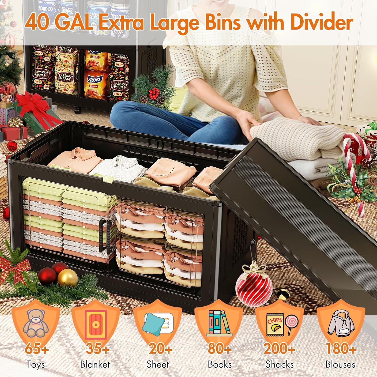 QAVABIN 160Gal/640Qt Large Storage Bins with Lid/Wheels/Doors/Dividers - 4 Tier Foldable Stackable Plastic Drawers, Extra Large Collapsible Cabinets Containers, Closet Organizers, Garage Totes, Black