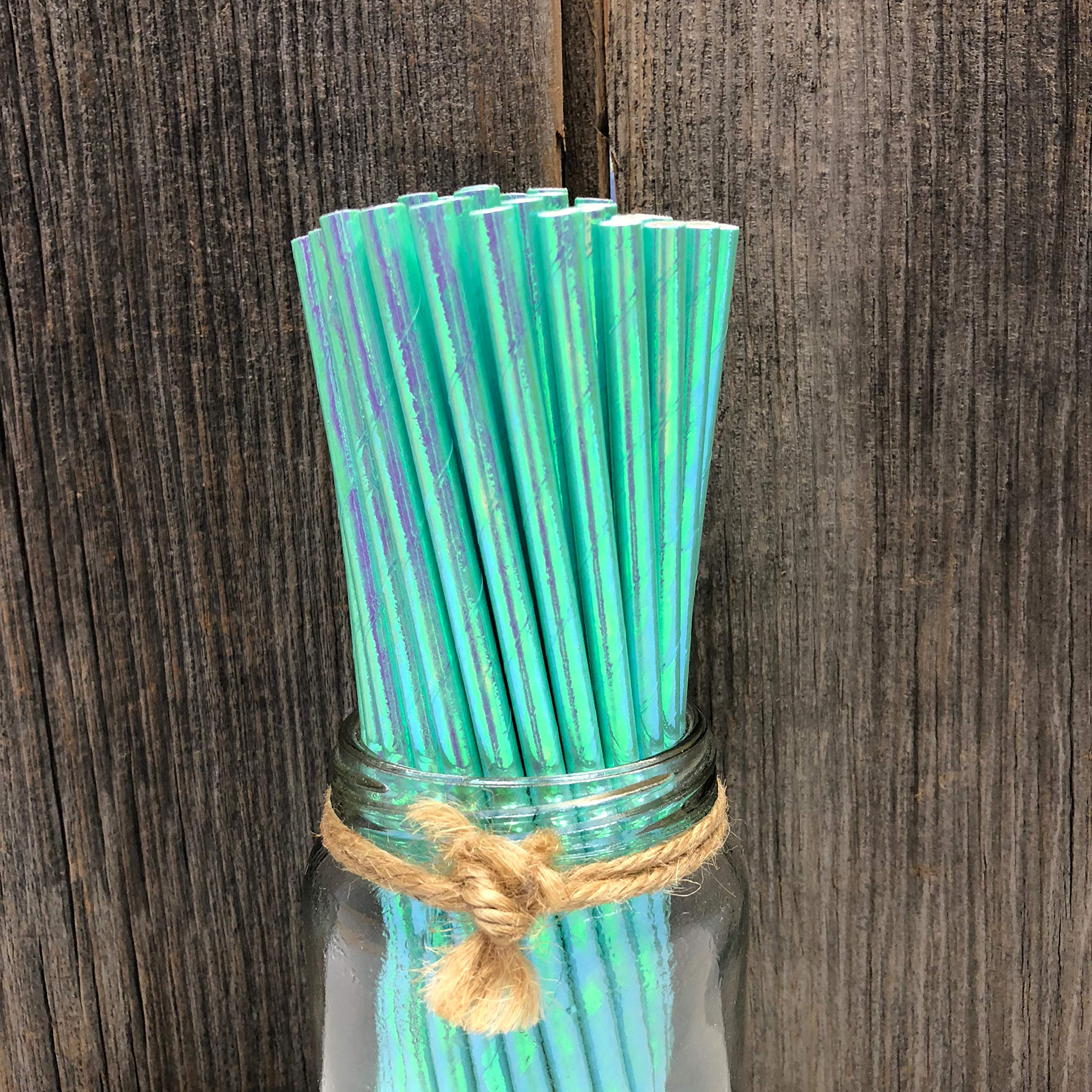 Iridescent Foil Paper Straws- Blue Green - 7.75 Inches - 100 Pack