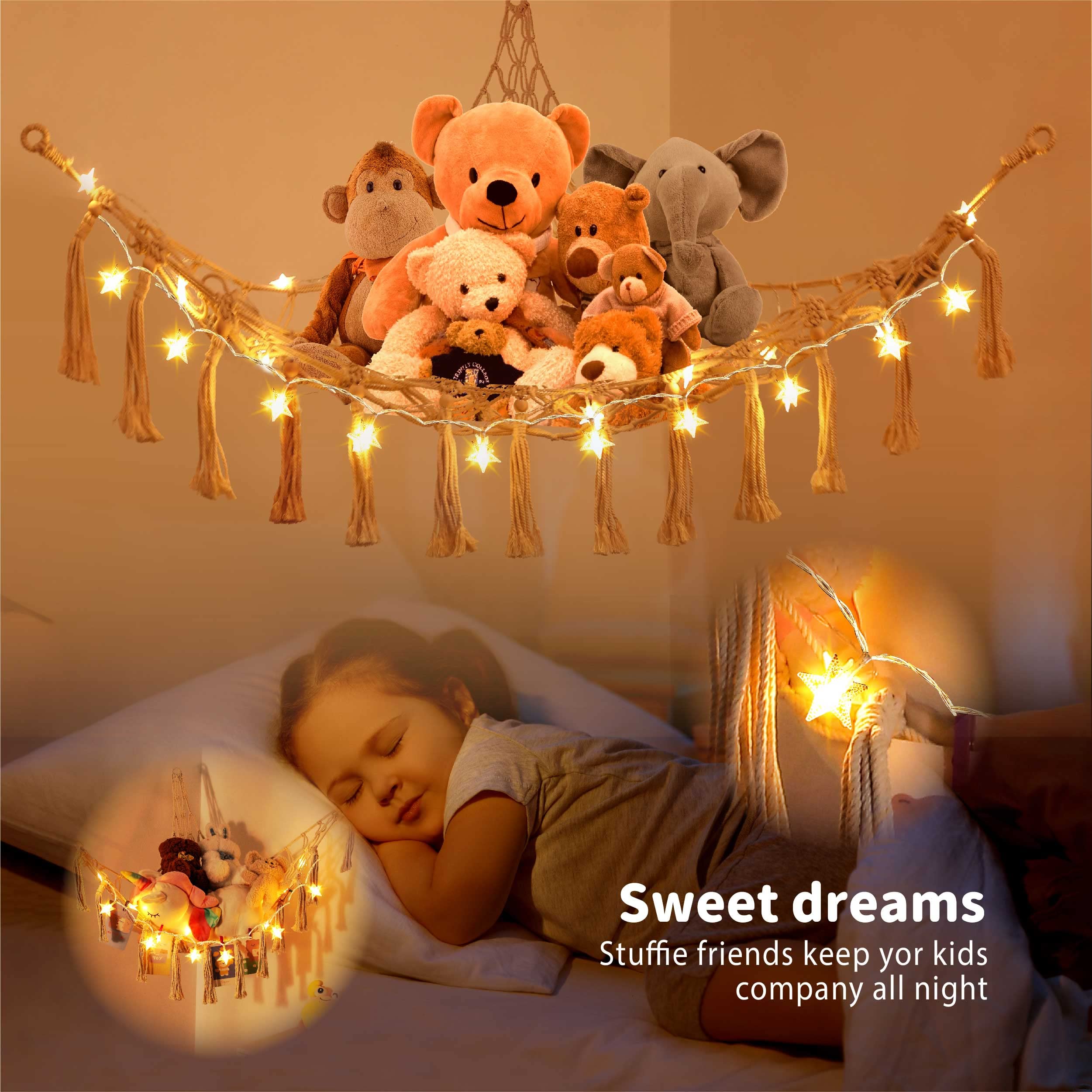 UNKENBO Stuffed Animal Storage Hammock - Macrame Toy Hammock with Photo Clips, Star String Lights, Space Saving Hanging Corner Stuffed Animal Net or Hammock, Boho Kids Bedroom Decor (Cream)