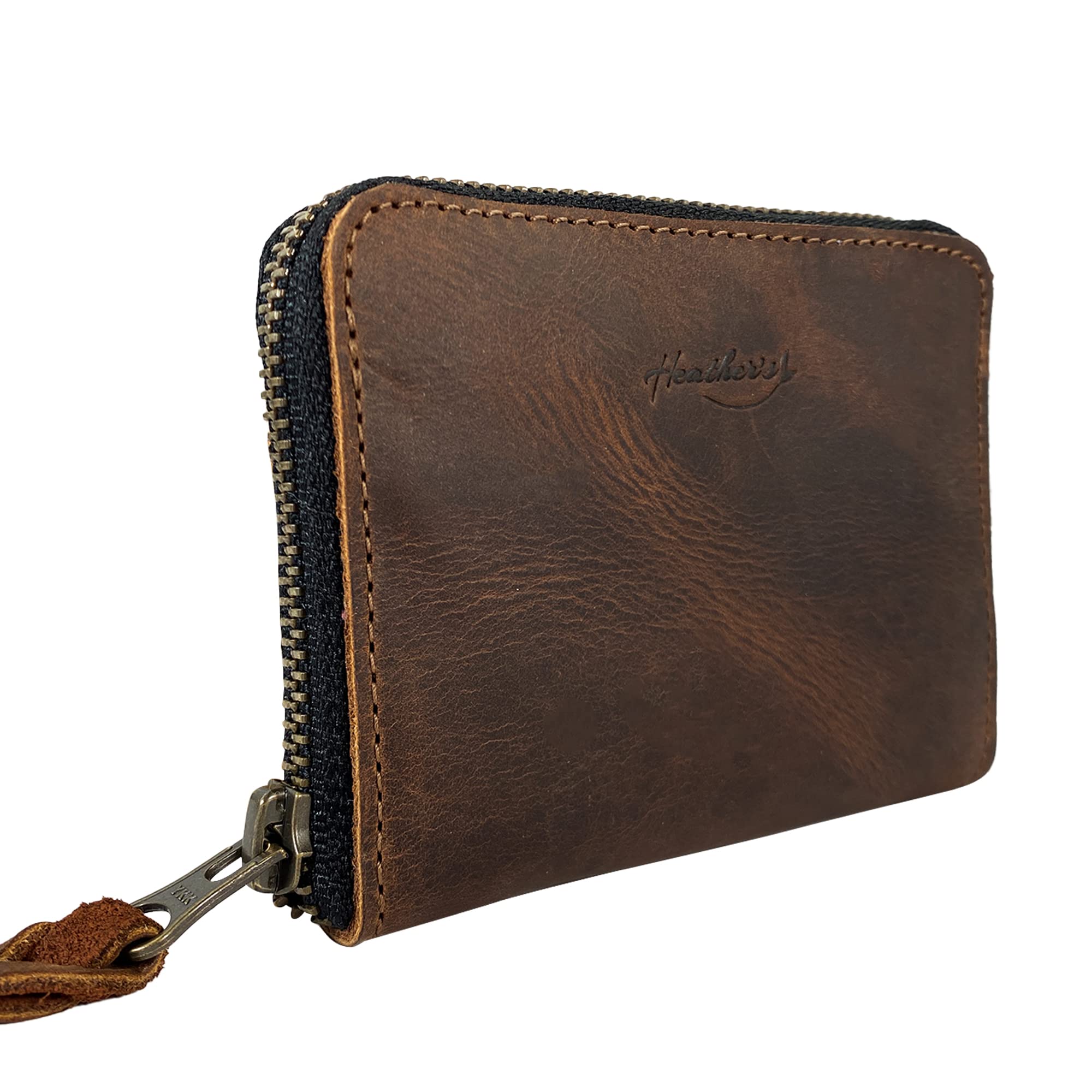 Heather's, Zippered Wallet Handmade from Full Grain Leather - Business Card & Money Holder, Compact Pocket Organizer, Everyday Accessories - Bourbon Brown
