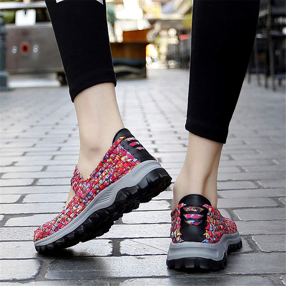 GOSPT Women's Elastic Woven Walking Shoes Mary Jane Flats Slip on Sneakers Multicoloured Red 7.5