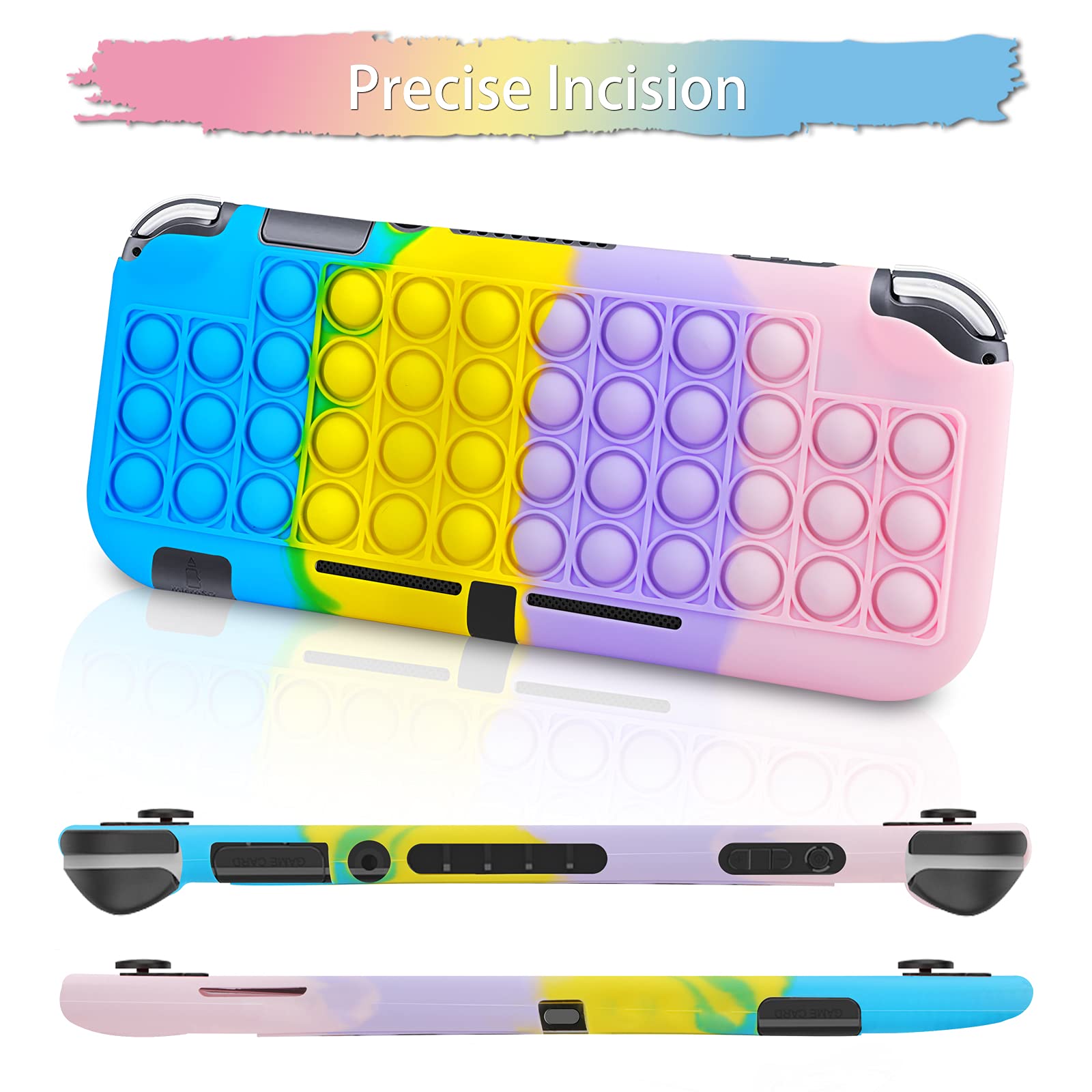 for Switch Lite Case Fidget Pop Bubble Case Colourful Soft Silicone Protective Cover Anti-Scratch Compatible with Nintendo Switch Lite 5.5 Inch-Blue Purple Yellow Pink