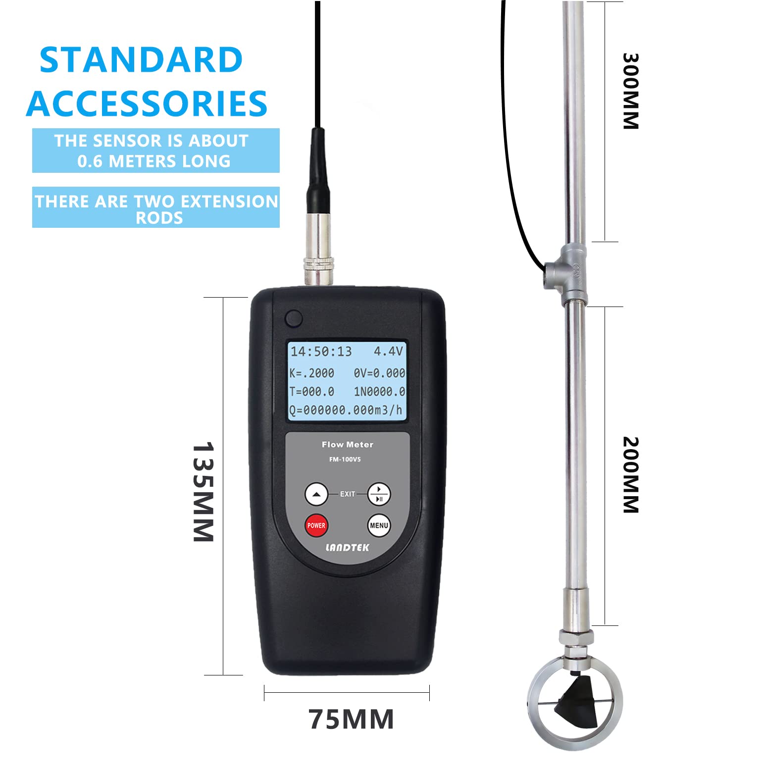 HOJILA Digital Water Flowmeter Water Flow Rate Meter FM-100V5 for Open Channels Flow Velocities Measurement, Range 0.01-5.00 m/s…