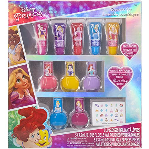 Townley Girl Disney Princess Sparkly Cosmetic Makeup Set for Girls with Lip Gloss Nail Polish Nail Stickers - 11 Pcs|Perfect for Parties Sleepovers Makeovers Birthday Gift for Girls 3+