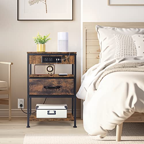 NOVIMANGO Nightstand with Charging Station Bedside Tables with Drawer Bedroom End Table Small Side Tables with USB & AC Ports Industrial End Table with Storage for Living Room Dorm Farmhouse Brown